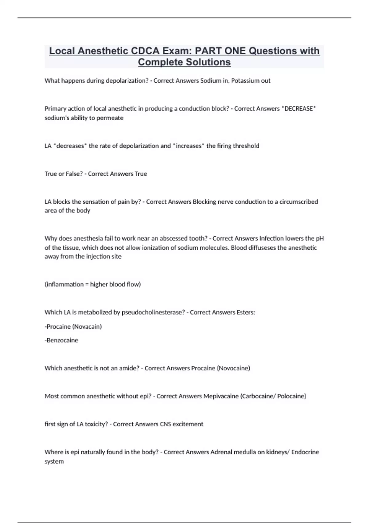 Local Anesthetic CDCA Exam: PART ONE Questions with Complete Solutions ...