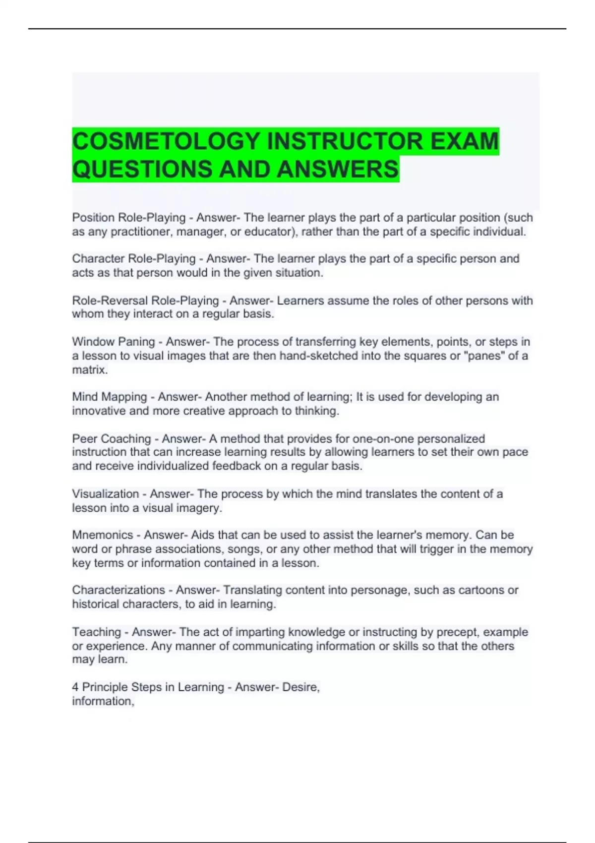 COSMETOLOGY INSTRUCTOR EXAM QUESTIONS AND ANSWERS - COSMETOLOGY ...