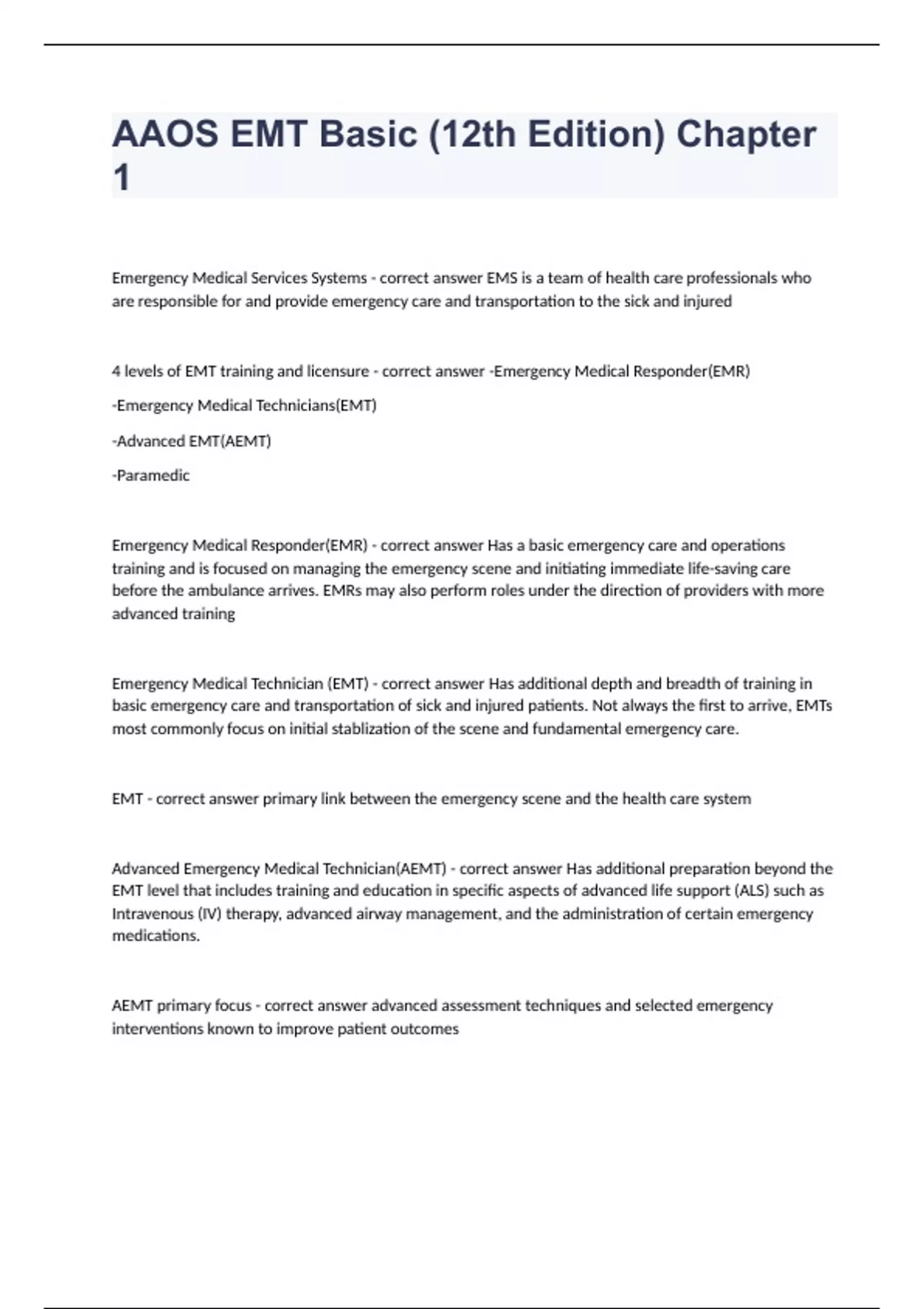 AAOS EMT Basic (12th Edition) Chapter 1 Questions & Answers 2024 ...