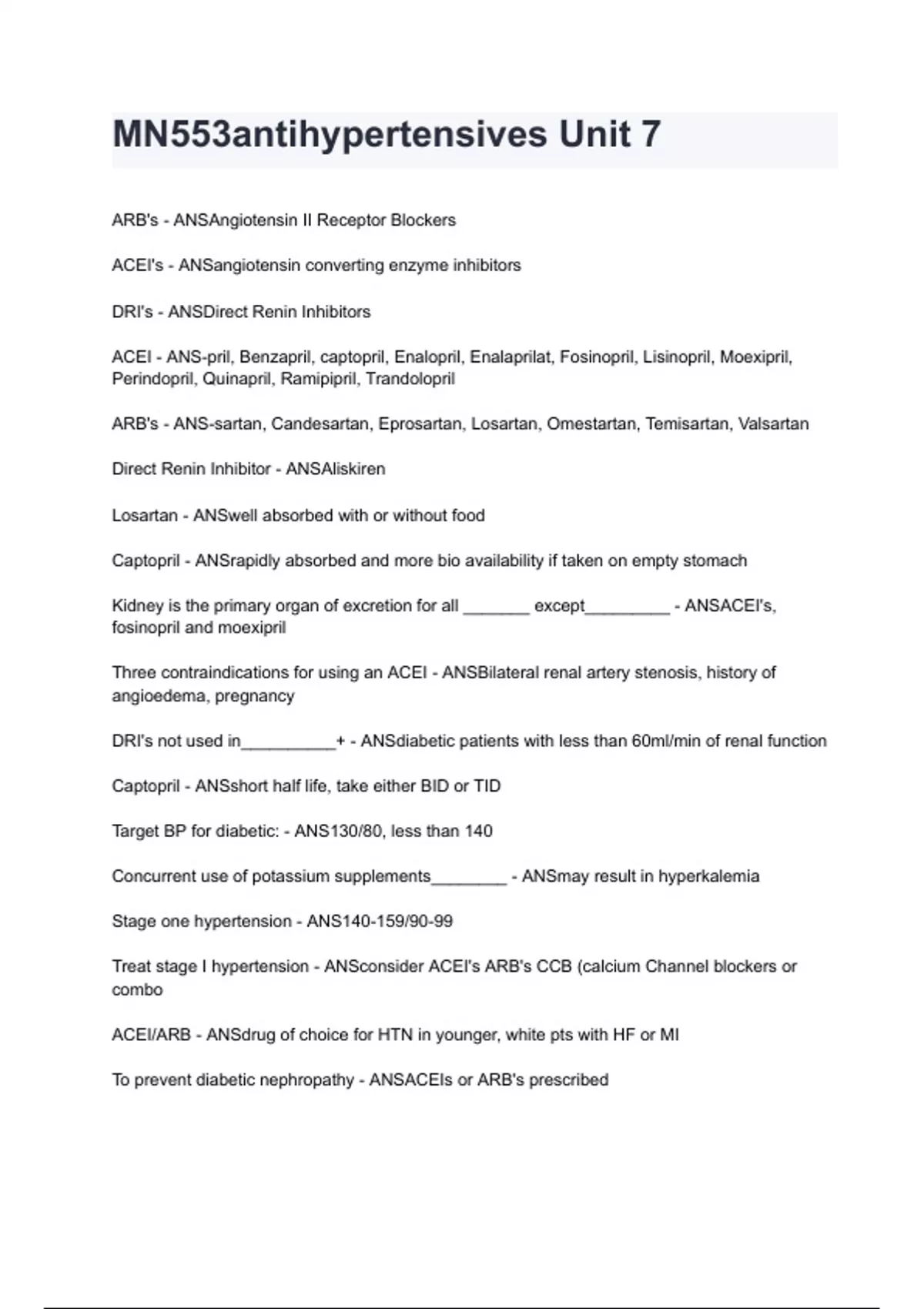 MN553 antihypertensives Unit 7 2024/2025 graded A+ by experts - MN553antihypertensives Unit 7 ...