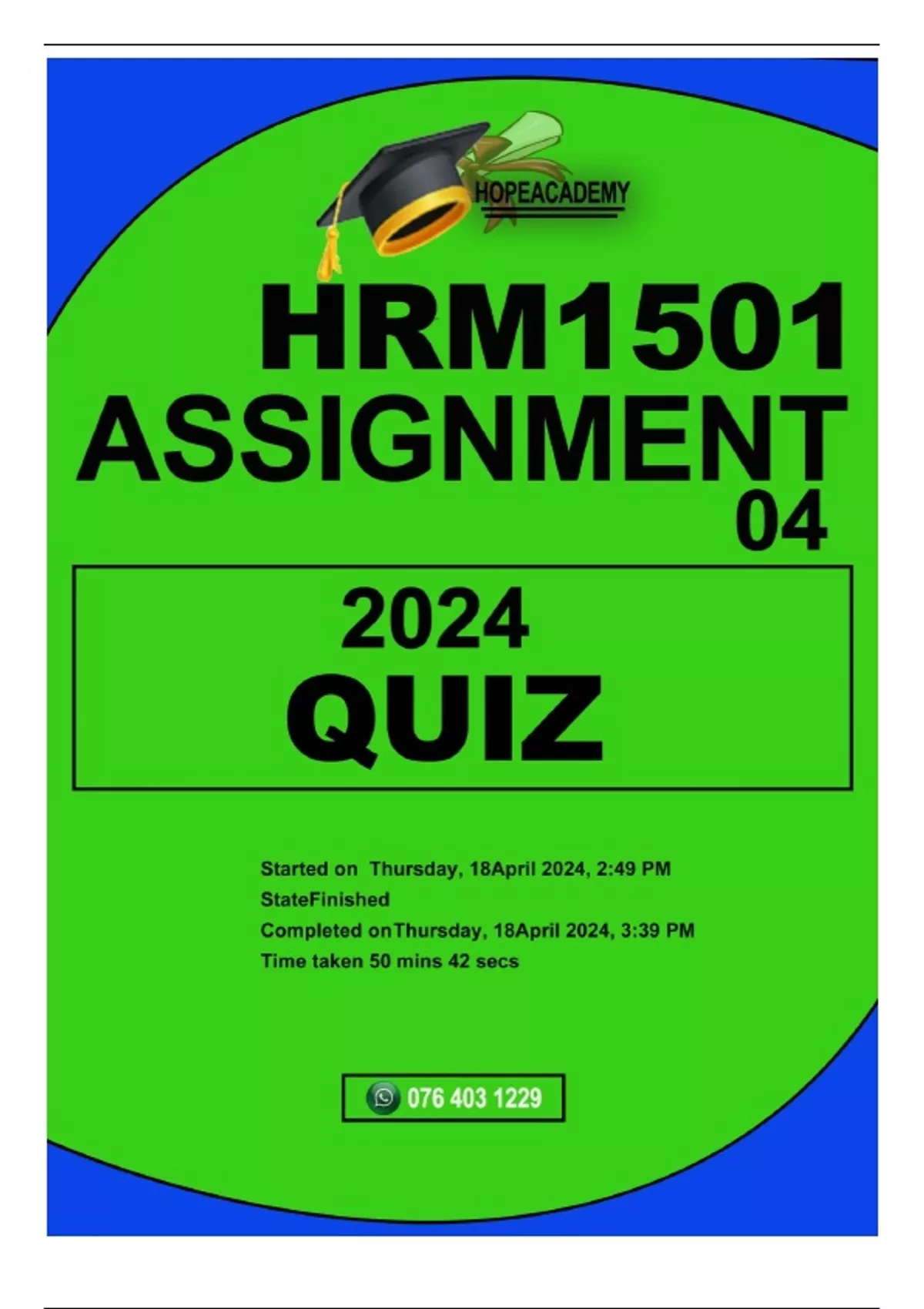 HRM1501 ASSIGNMENT 4 -QUIZ 2024 MCQ WELL ANSWERED - BNU1501 - Stuvia SA