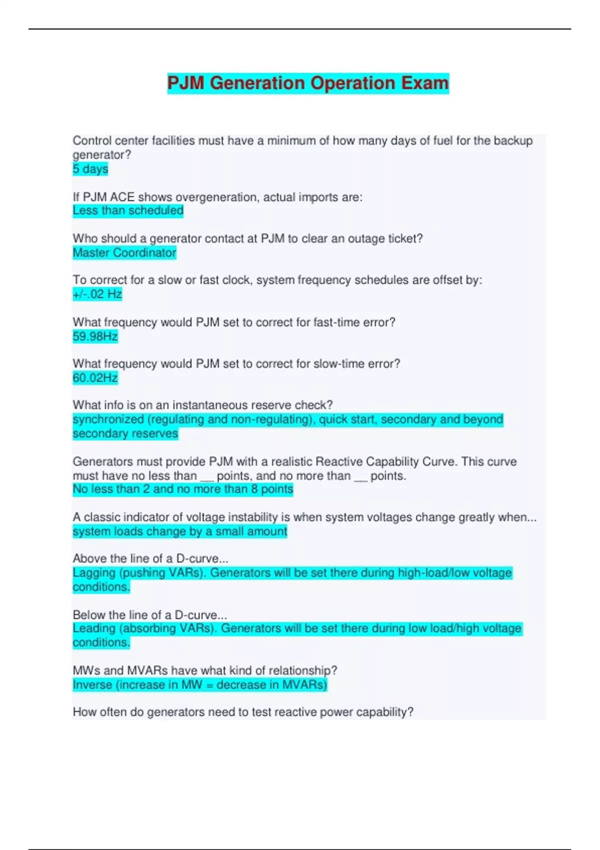 PJM Generation Operation Exam - Questions and Answers - PJM Generation ...