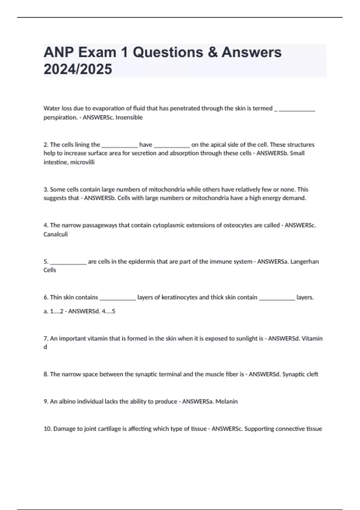 ANP Exam 1 Questions & Answers 2024/2025 - ANP - Stuvia US