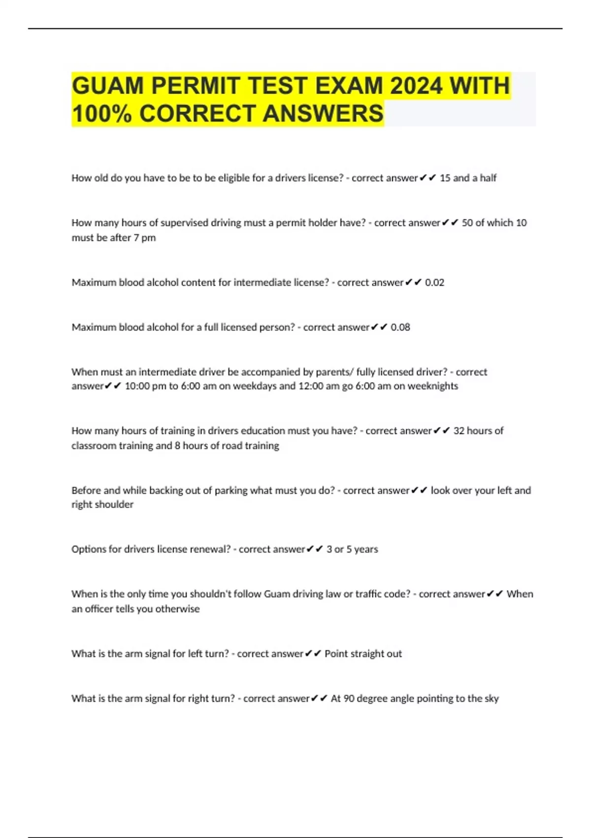 GUAM PERMIT TEST EXAM 2024 WITH 100% CORRECT ANSWERS - GUAM PERMIT ...