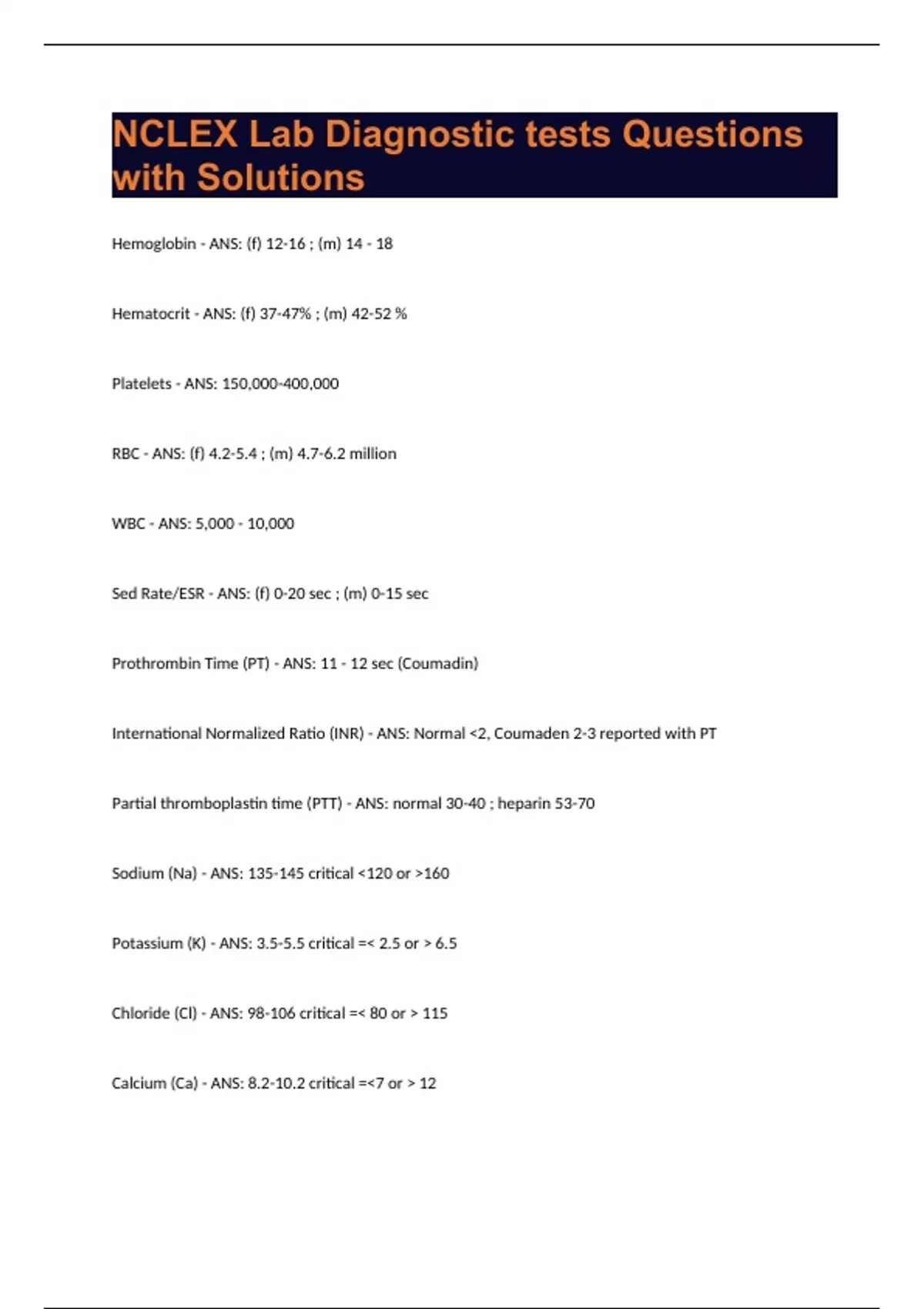 NCLEX Lab Diagnostic tests Questions with Solutions - NCLEX Diagnostic ...