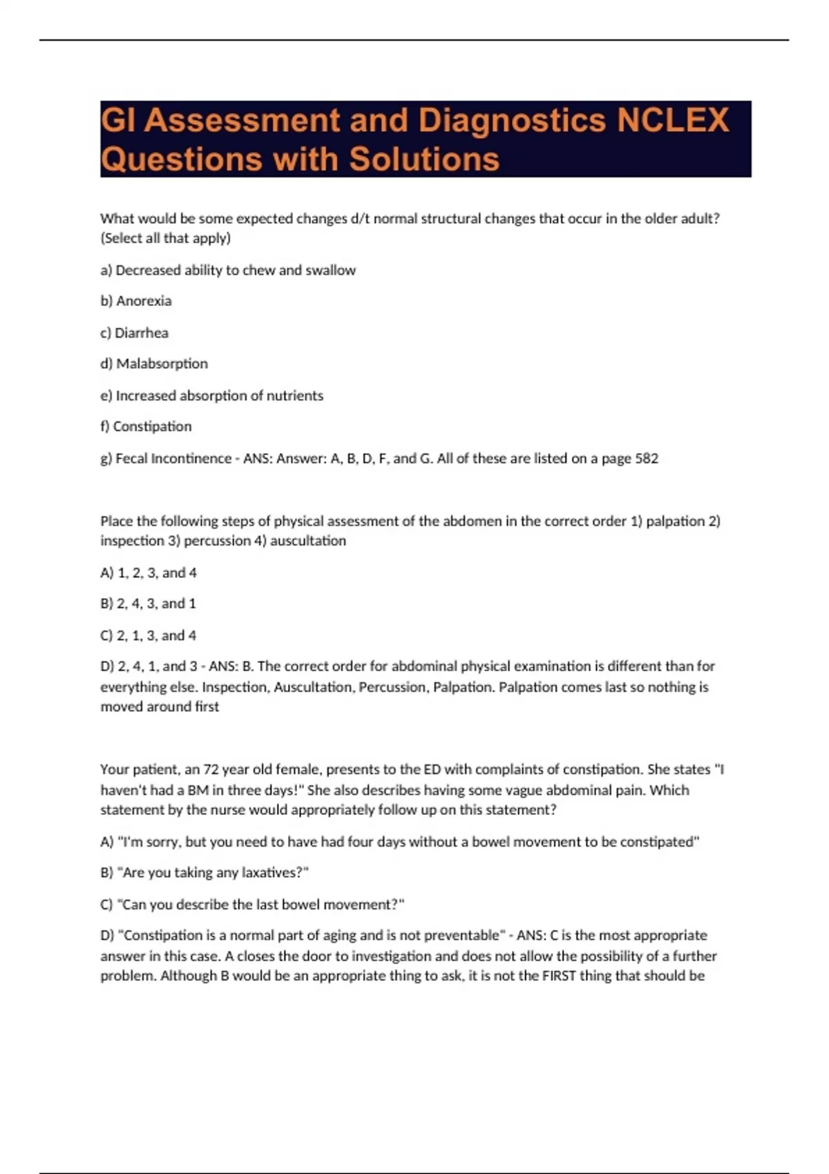GI Assessment and Diagnostics NCLEX Questions with Solutions - NCLEX ...