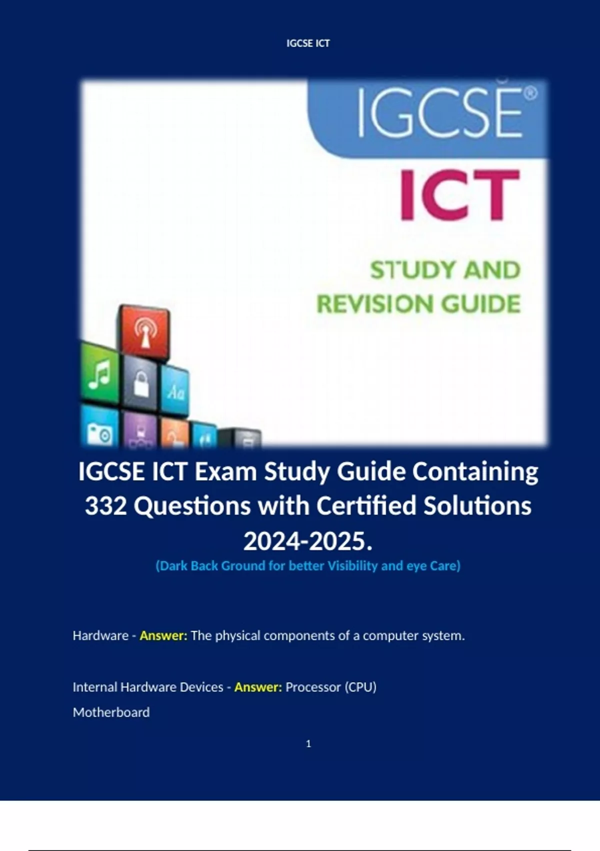 IGCSE ICT Exam Study Guide Containing 332 Questions with Certified Solutions . - IGCSE ICT Exm ...
