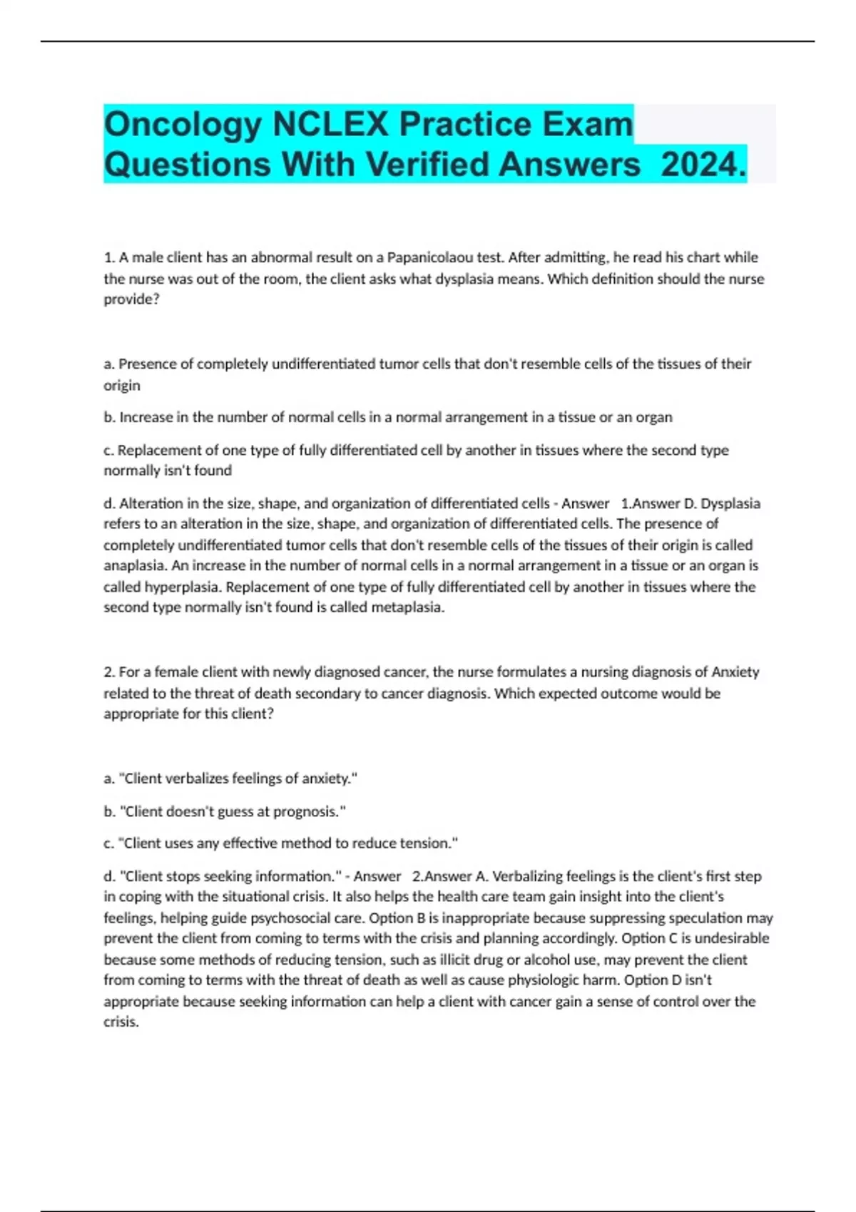 Cancer NCLEX Study Bundle Past And Currect Exams 2024 Updated ...