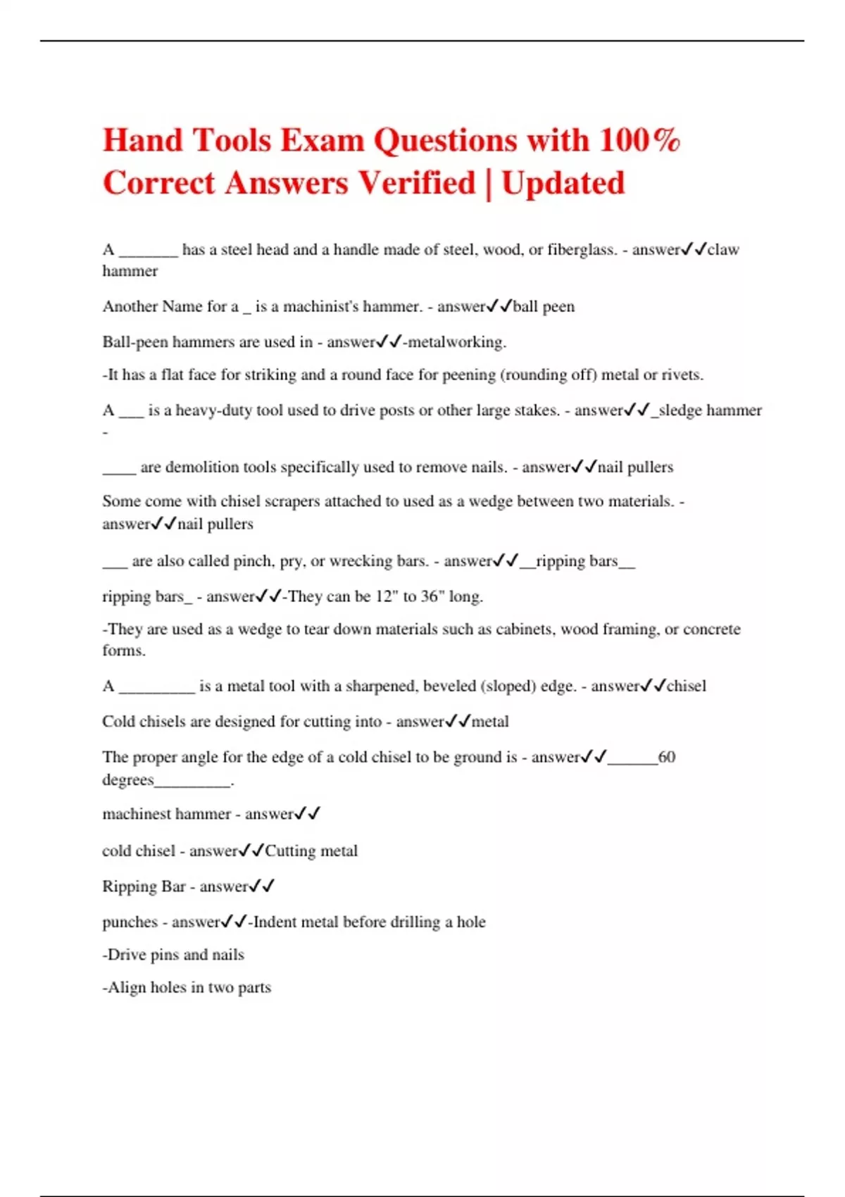 Hand Tools Exam Questions with 100% Correct Answers Verified | Updated ...