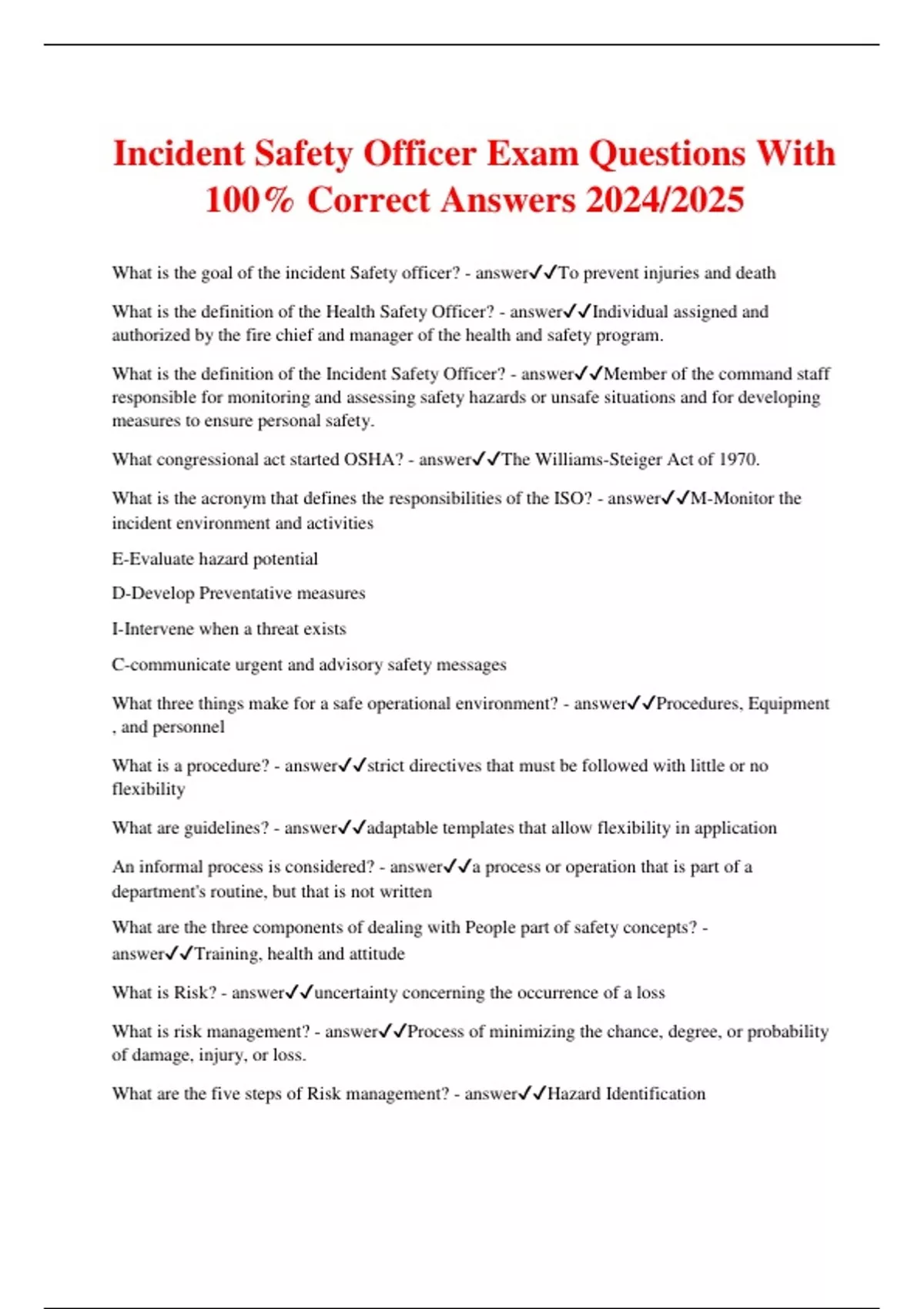 Incident Safety Officer Exam Questions With 100% Correct Answers 2024/ ...