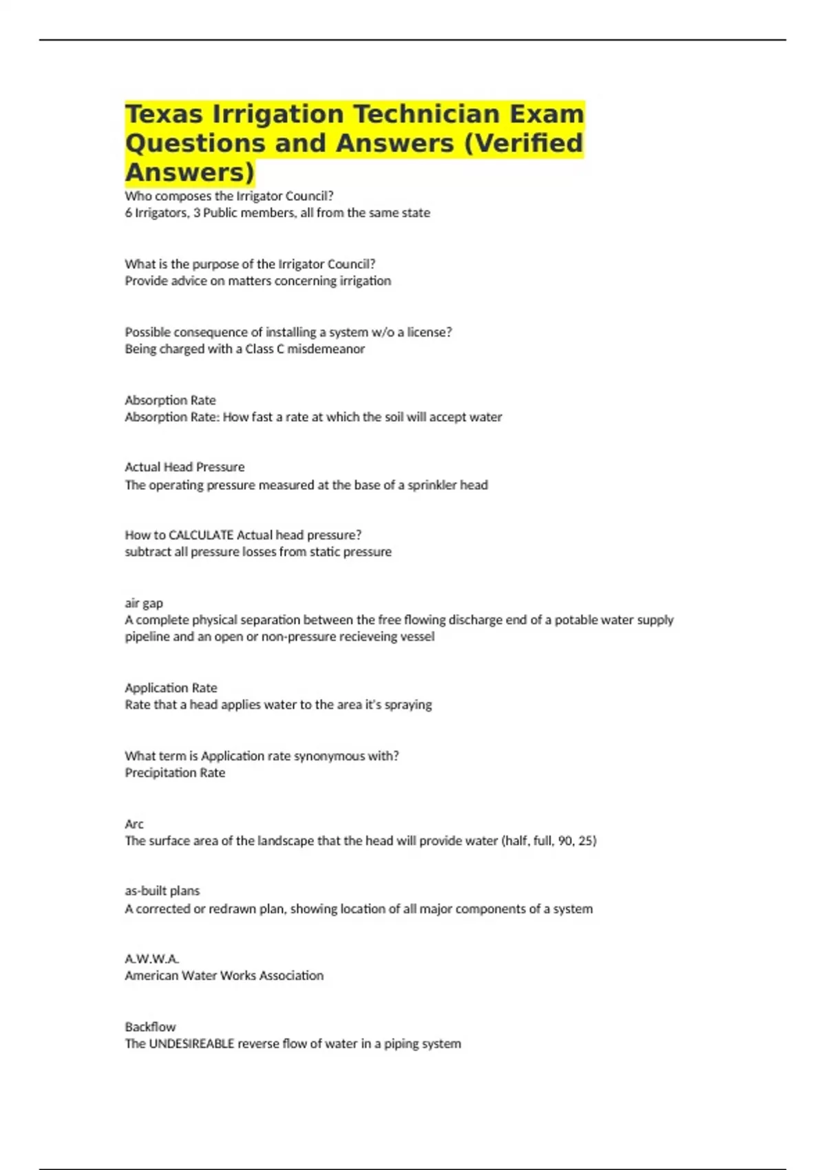 Texas Irrigation Technician Exam Questions and Answers (Verified ...
