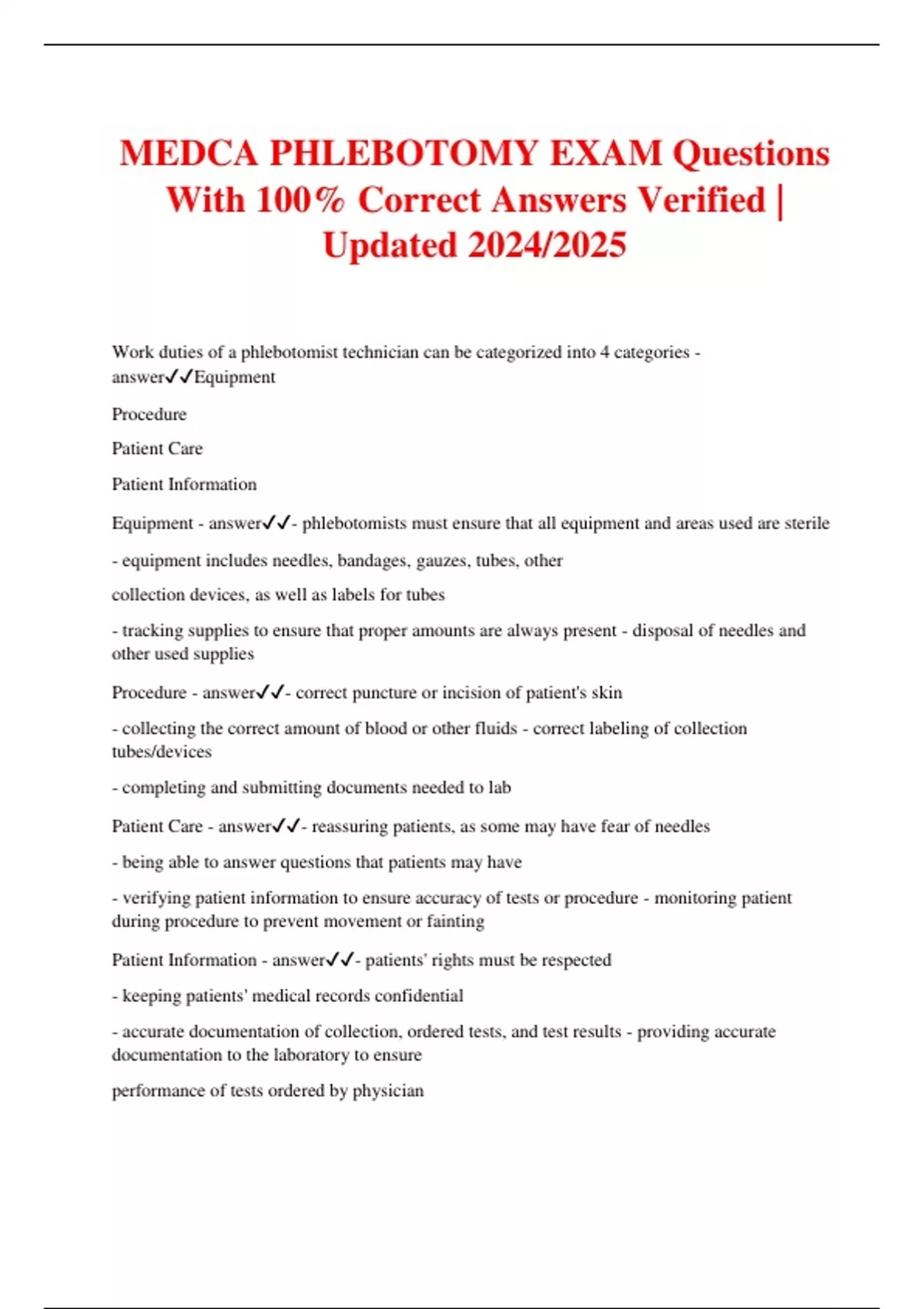 MEDCA PHLEBOTOMY EXAM Questions With 100% Correct Answers Verified ...