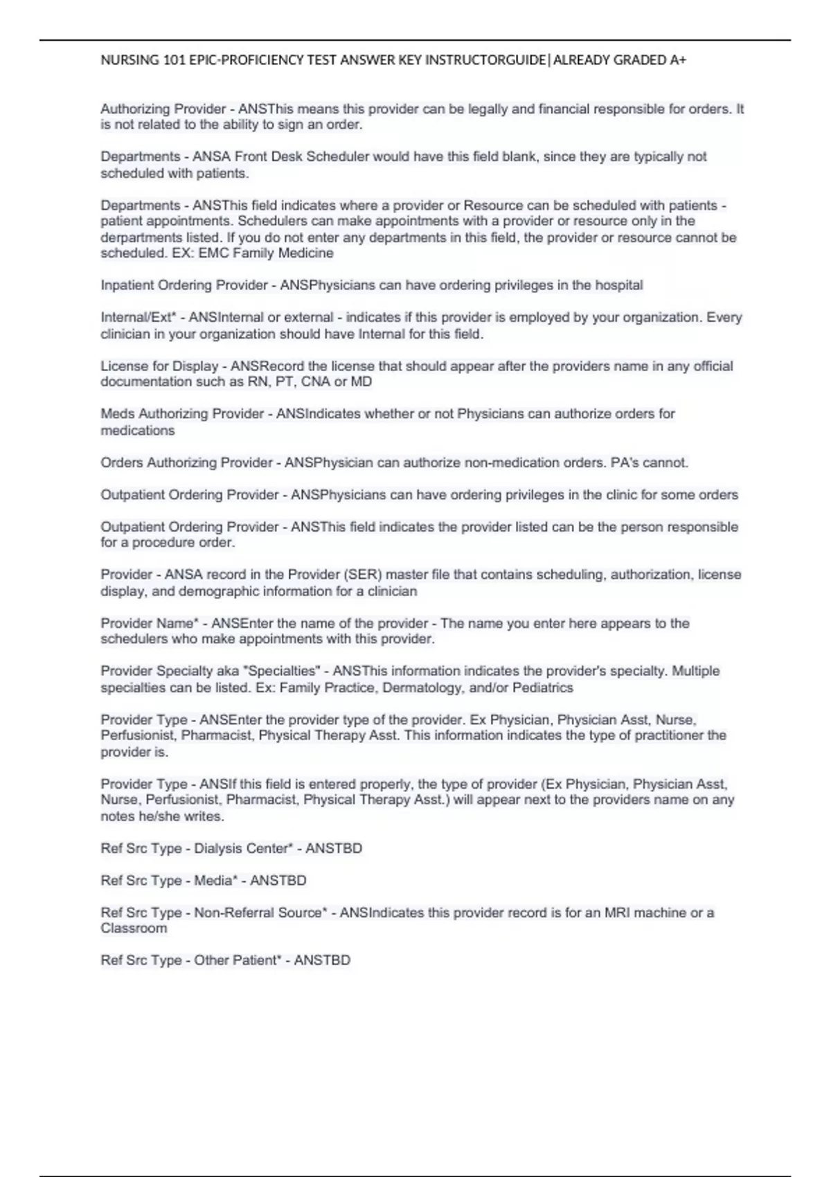 NURSING 101 EPIC-PROFICIENCY TEST ANSWER KEY INSTRUCTORGUIDE|ALREADY ...