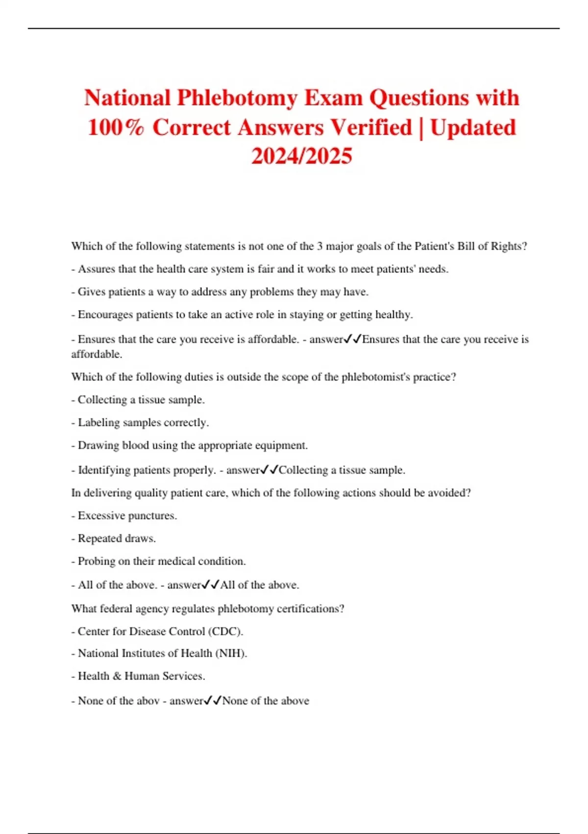 National Phlebotomy Exam Questions with 100% Correct Answers Verified ...