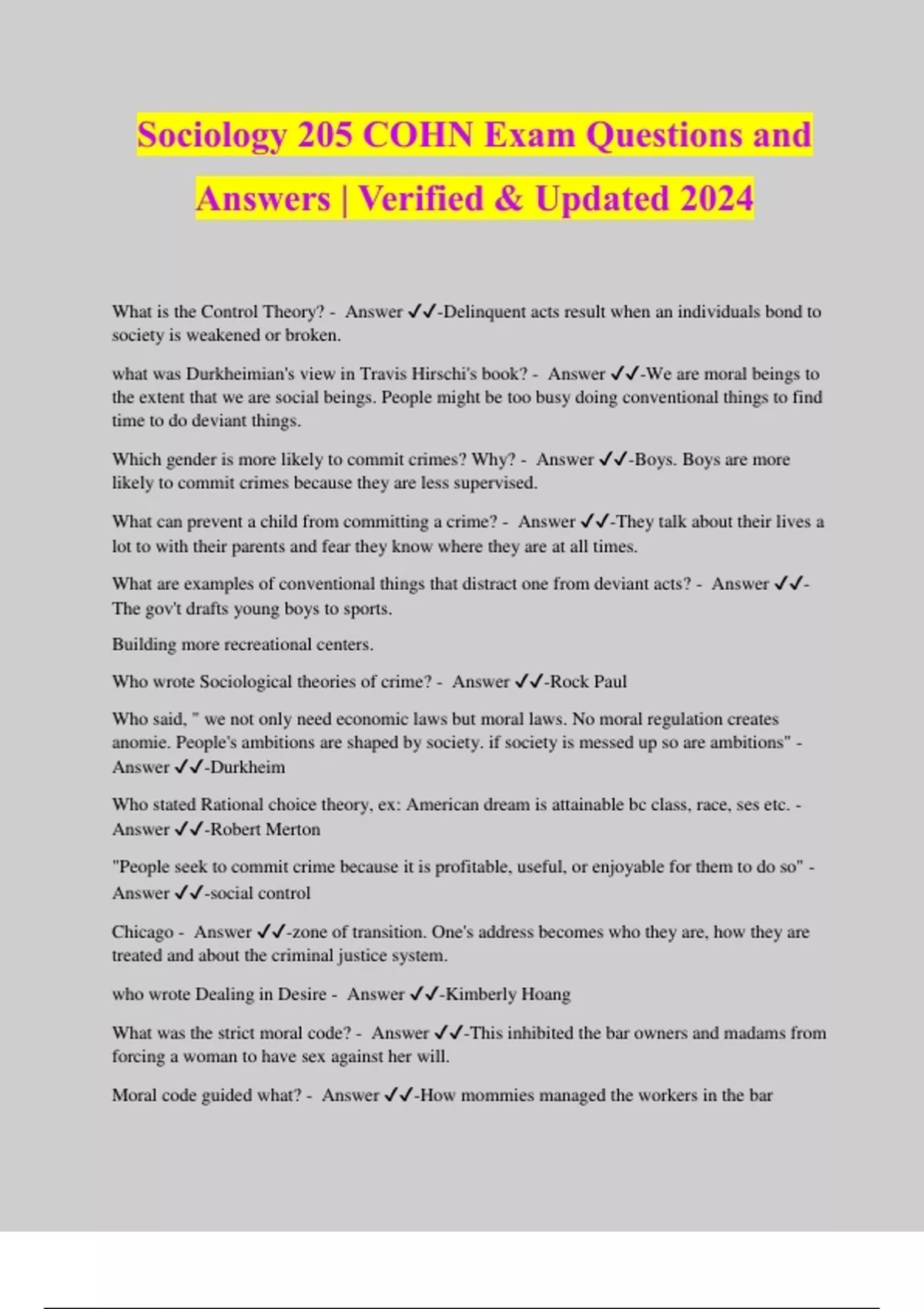 Sociology 205 COHN Exam Questions and Answers | Verified & Updated 2024 ...