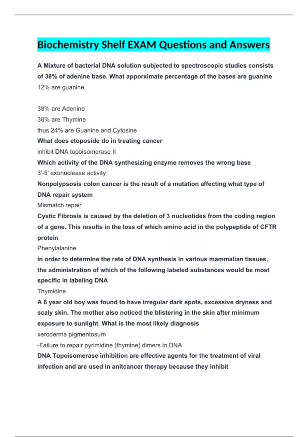 Biochemistry Shelf Exam – Questions and Answers (2025/2026) – Complete ...