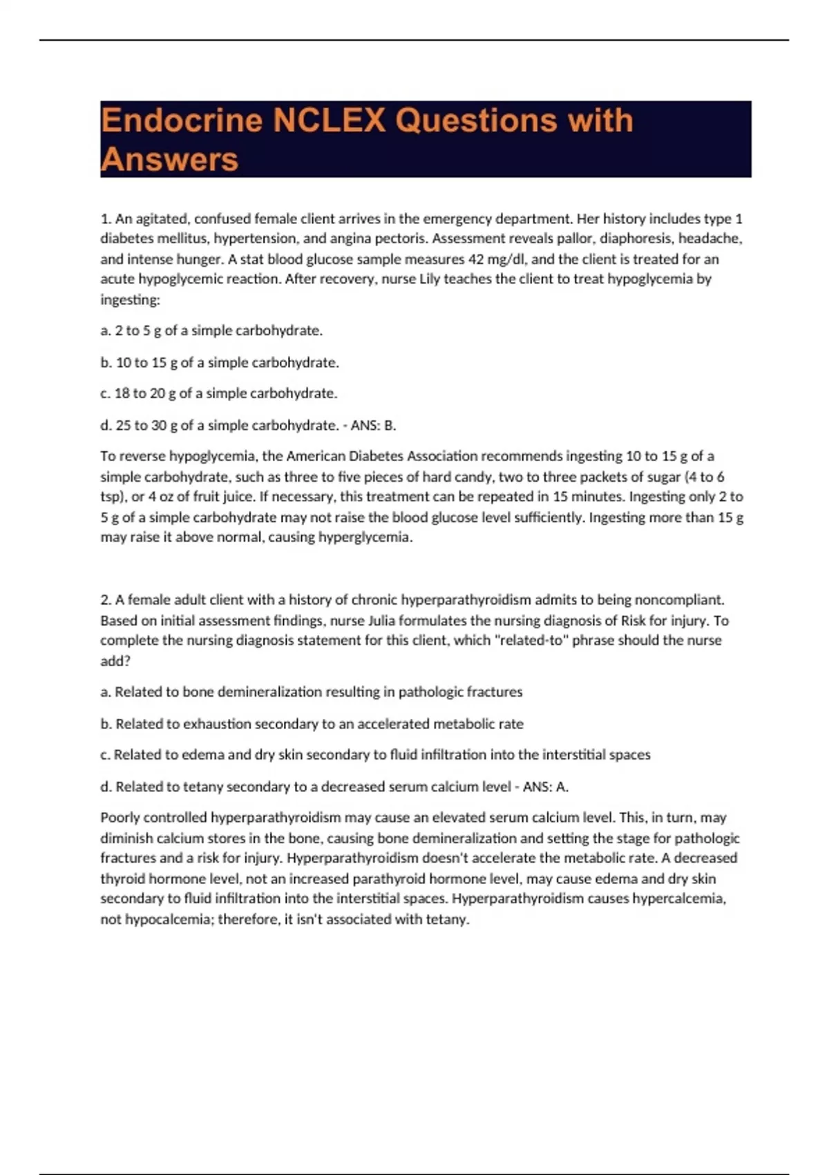 Endocrine NCLEX Questions with Answers - NCLEX Cardiovascular - Stuvia UK