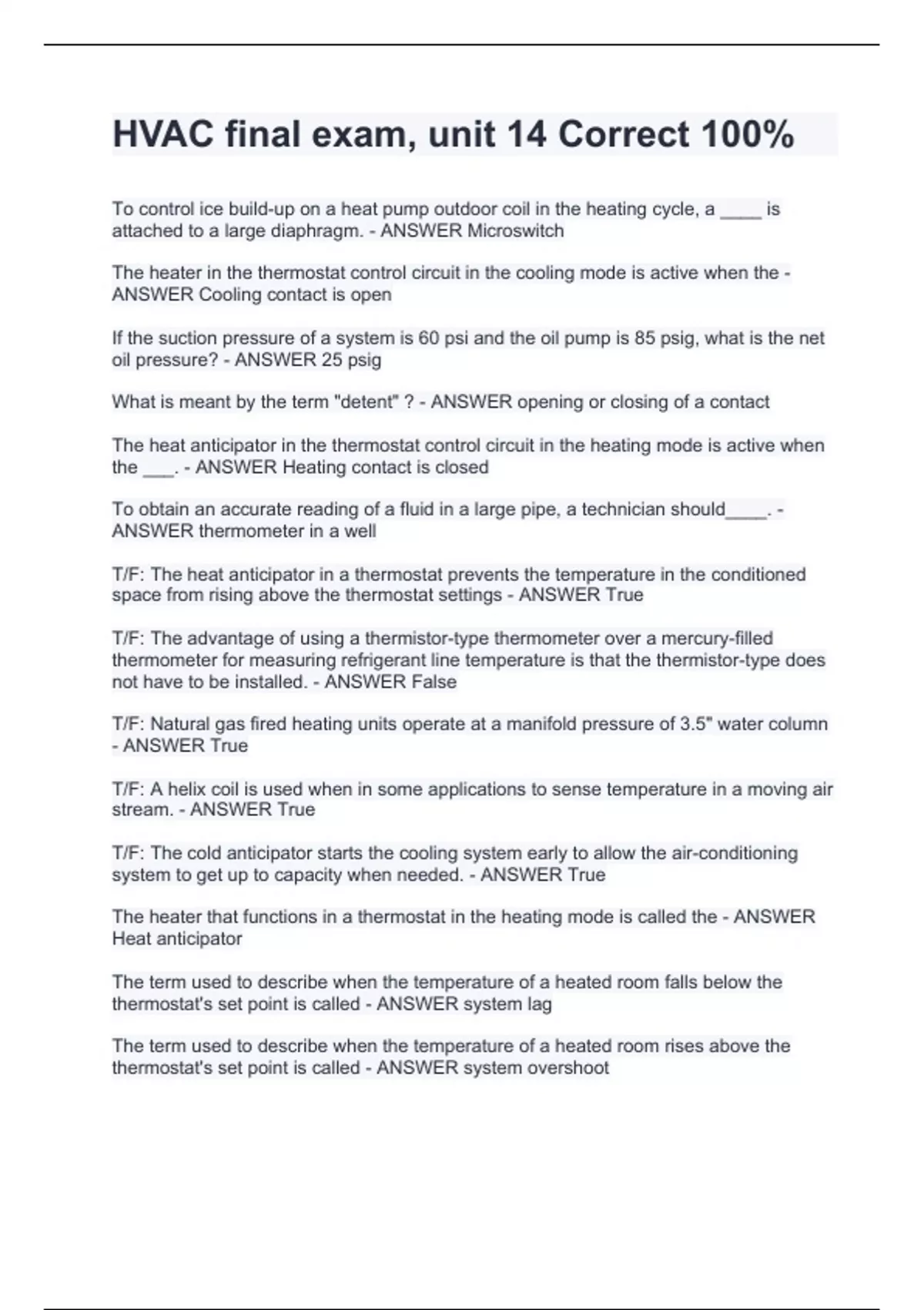 HVAC final exam, unit 14 Correct 100% - HVAC - Stuvia US