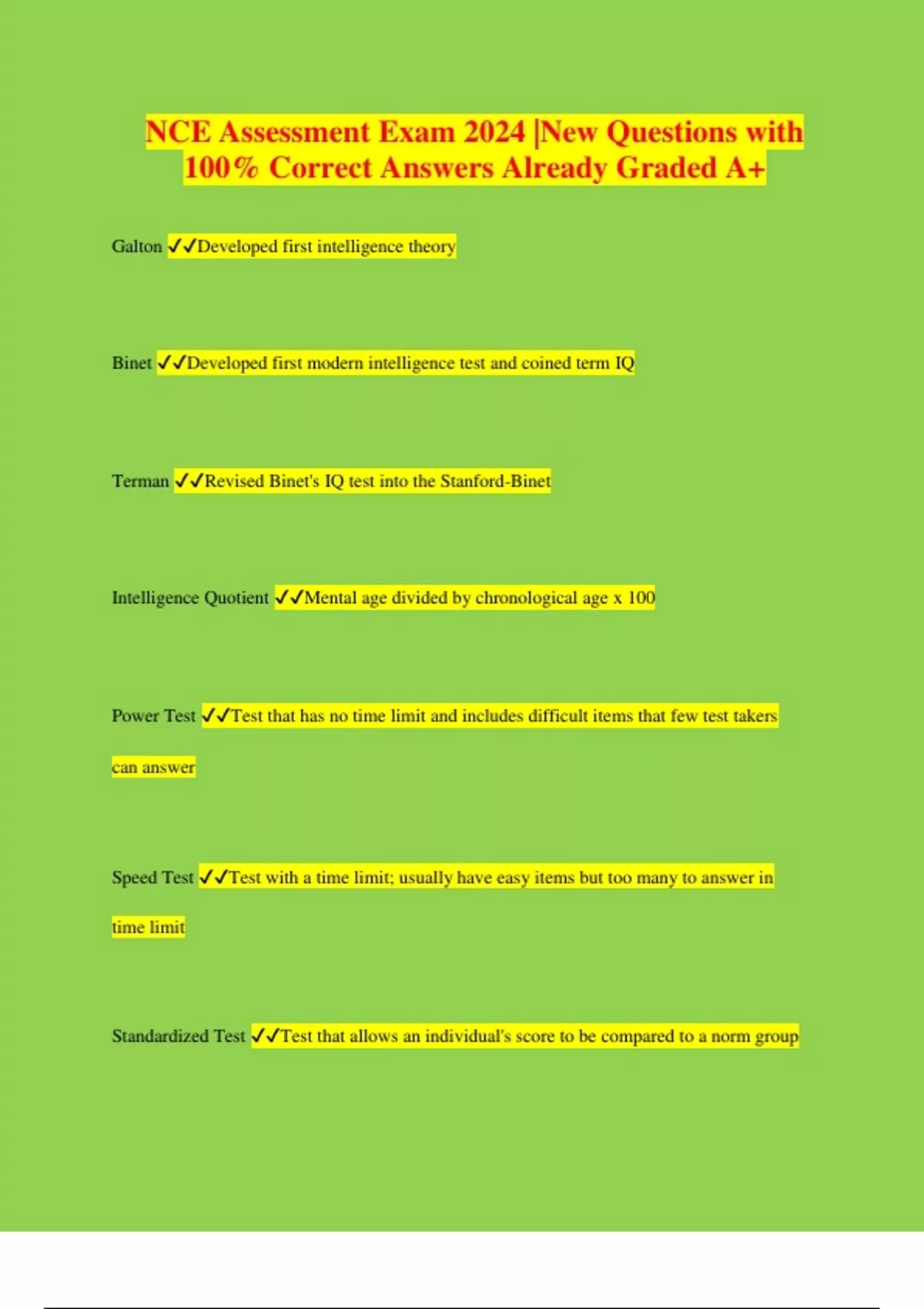 Nce Assessment Exam 2024 New Questions With 100 Correct Answers Already Graded A Nce