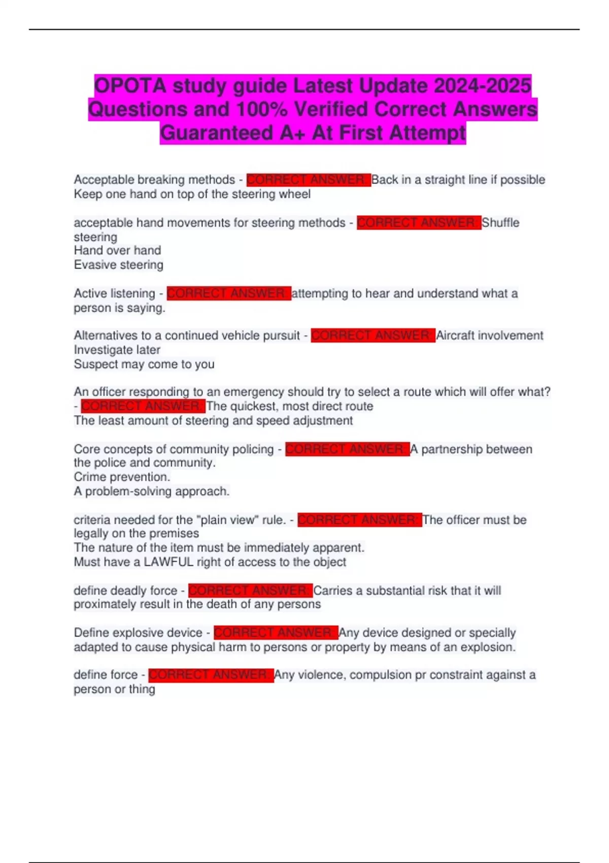 OPOTA study guide Latest Update Questions and 100% Verified Correct ...