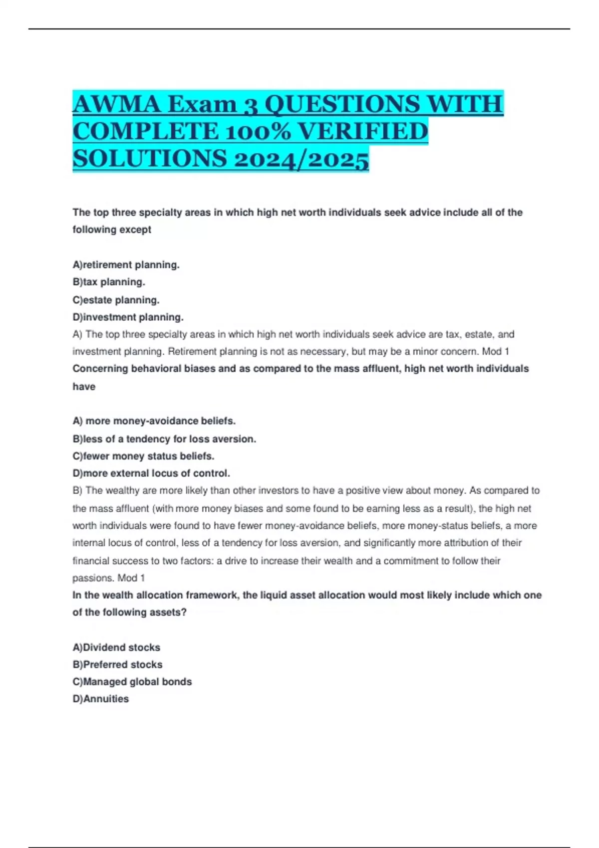 AWMA Exam 3 QUESTIONS WITH COMPLETE 100% VERIFIED SOLUTIONS 2024/2025 - Awma - Stuvia US