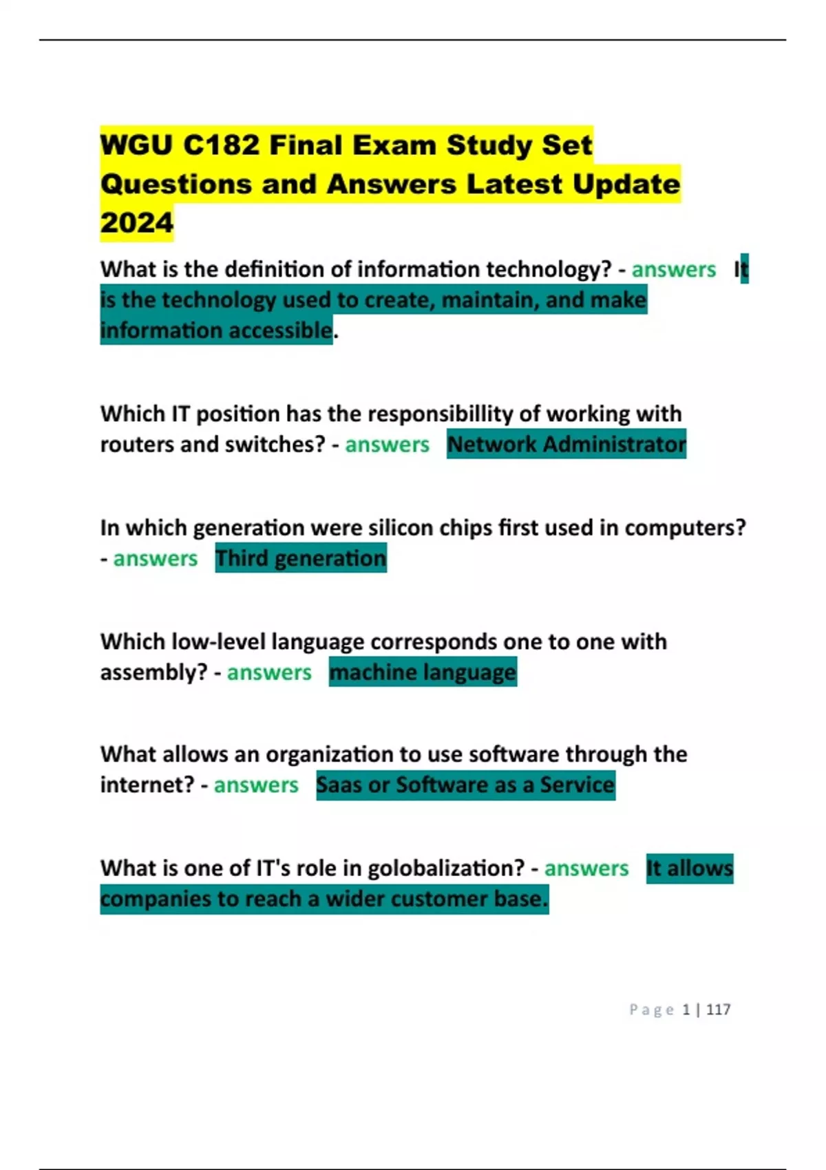 WGU C182 Final Exam Study Set Questions and Answers Latest Update 2024 ...