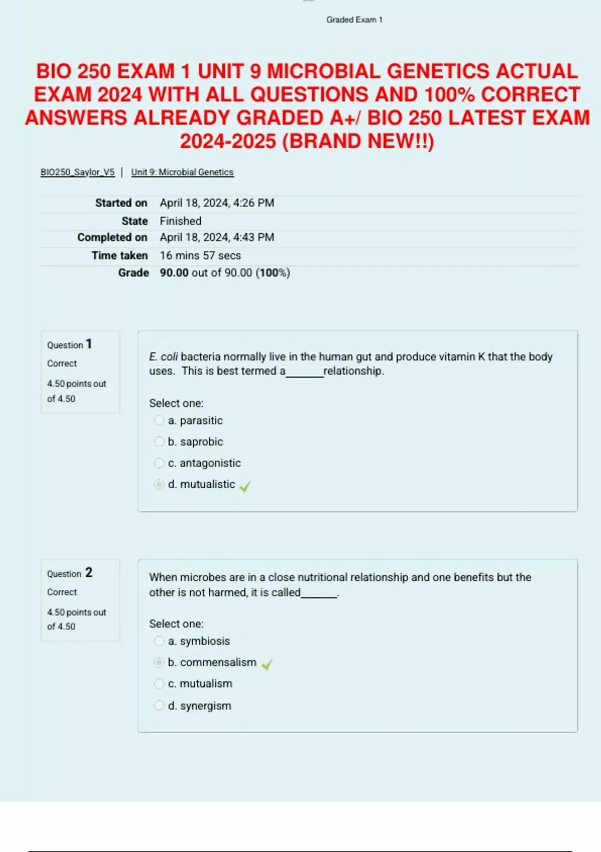 BIO 250 EXAM 1 UNIT 9 MICROBIAL GENETICS ACTUAL EXAM 2024 WITH ALL ...