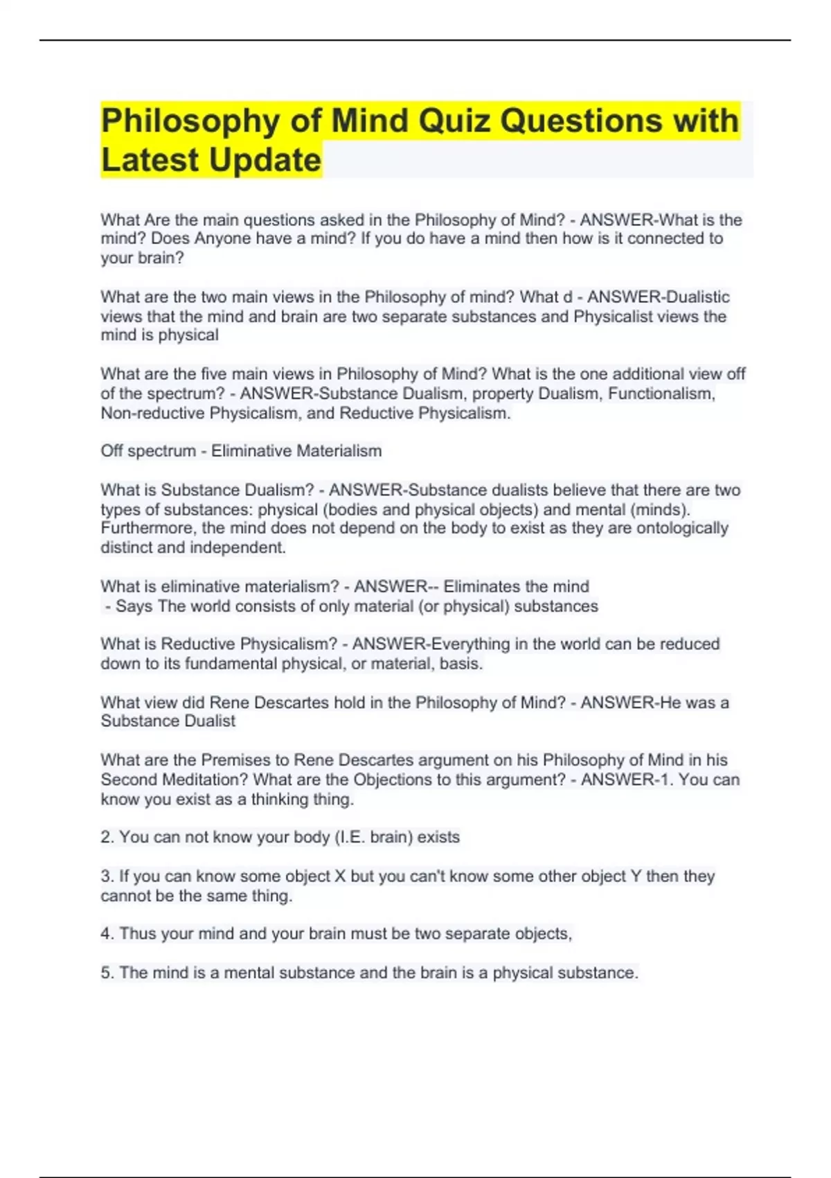 Philosophy of Mind Quiz Questions with Latest Update - Philosophy of ...