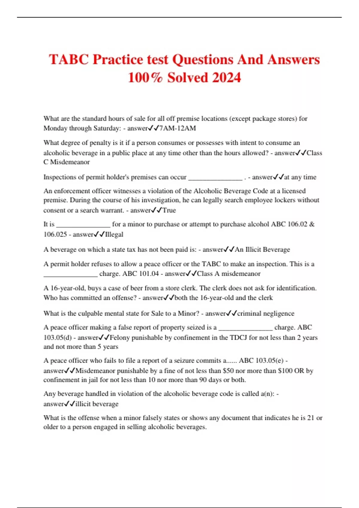 Tabc Practice Test Questions And Answers 100 Solved 2024 Tabc Stuvia Us