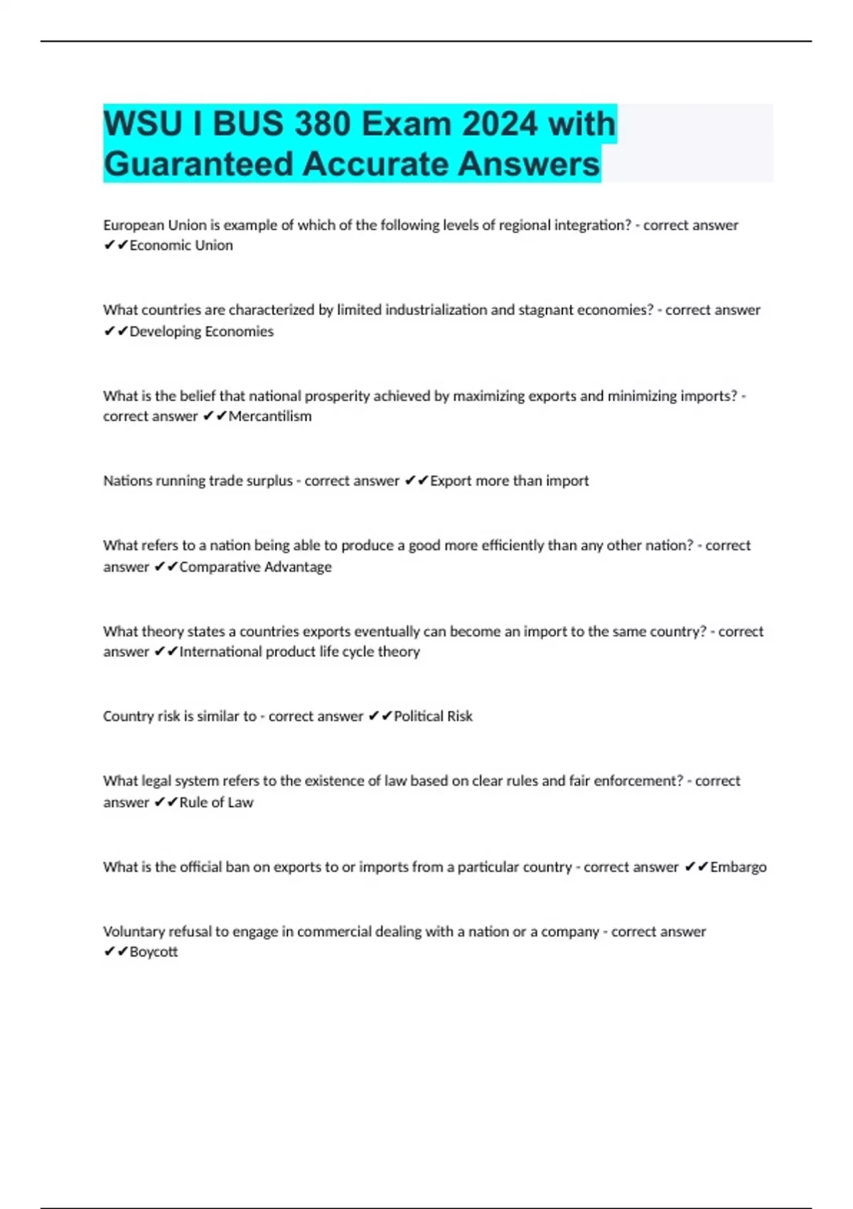 WSU I BUS 380 Exam 2024 with Guaranteed Accurate Answers - WSU - Stuvia US