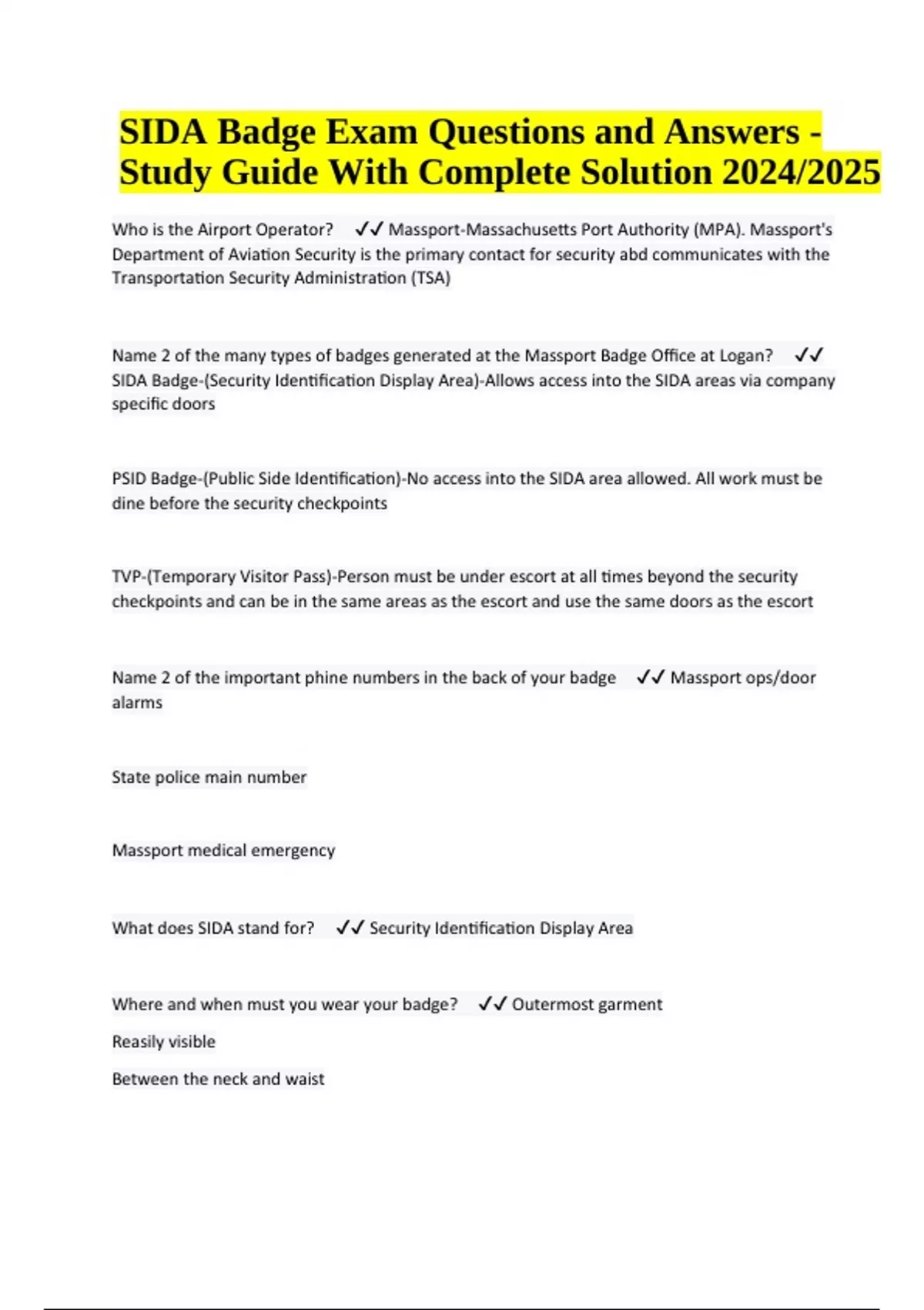 SIDA Badge Exam Questions and Answers, With Complete Solutions Latest ...