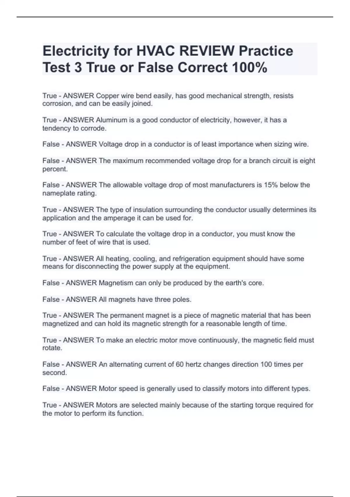 Electricity for HVAC REVIEW Practice Test 3 True or False Correct 100% ...