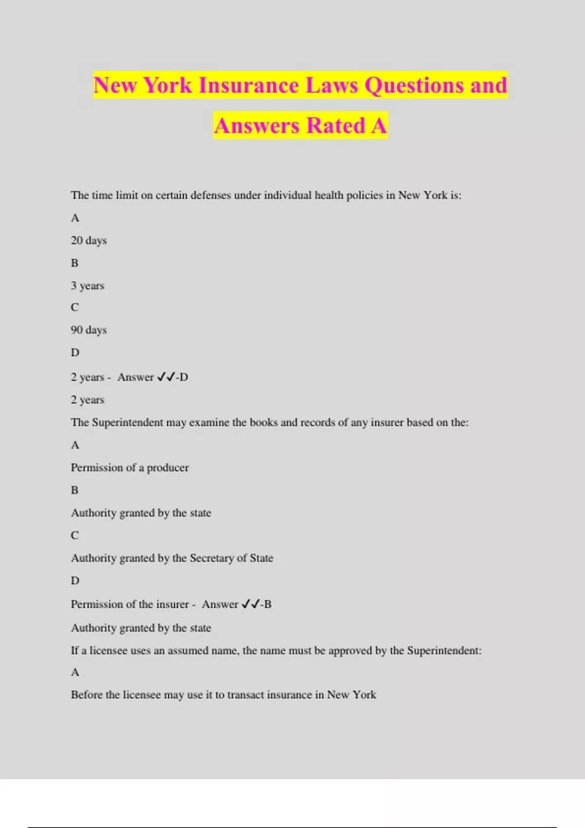 New York Insurance Laws Questions and Answers Rated A - NYS Insurance ...