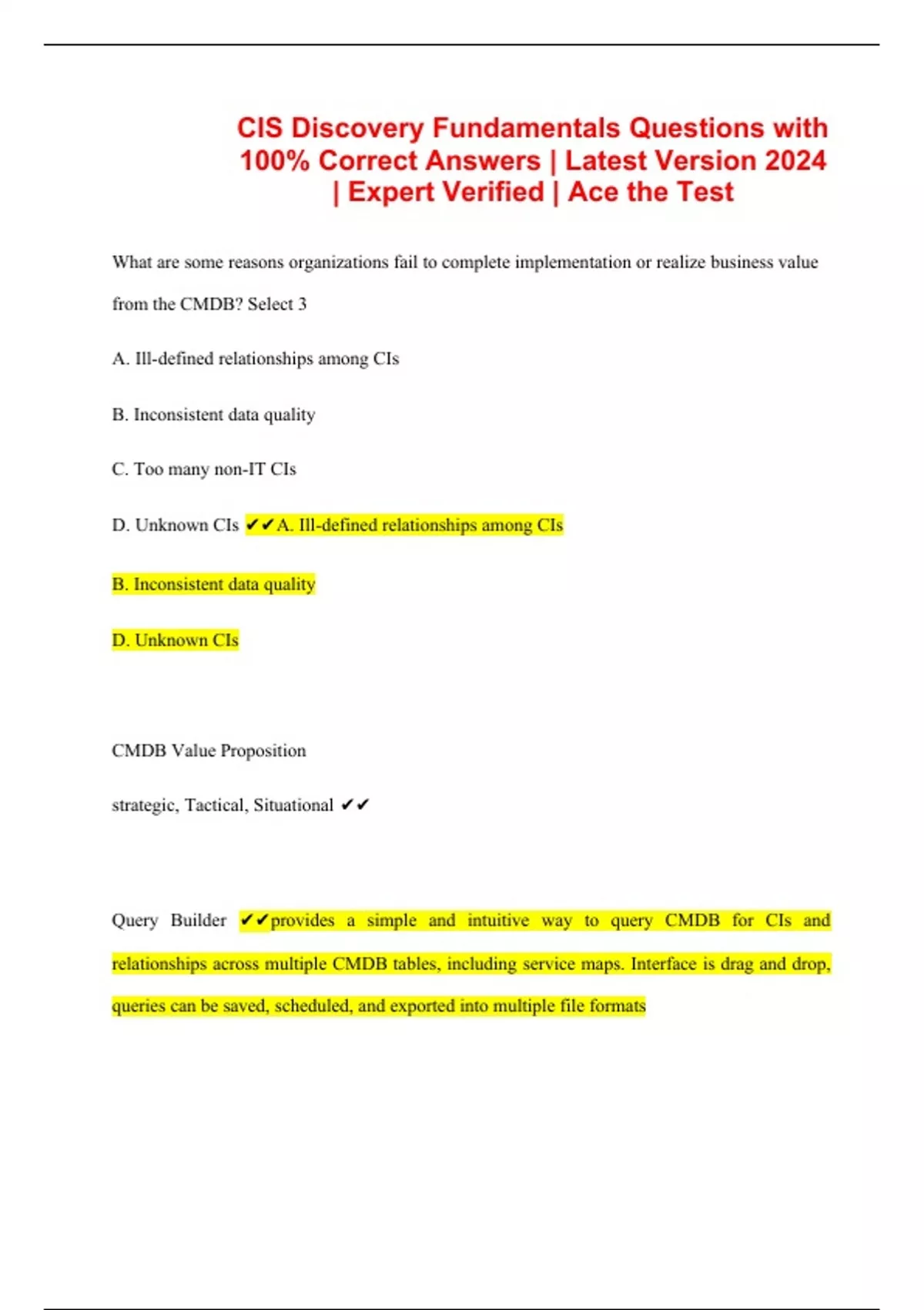 CIS Discovery Fundamentals Questions with 100% Correct Answers | Latest ...