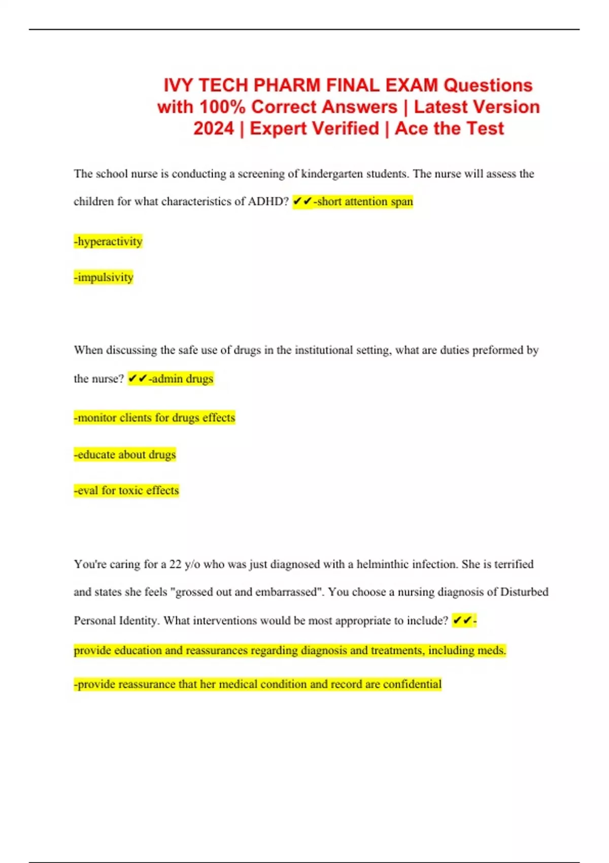 IVY TECH PHARM FINAL EXAM Questions with 100% Correct Answers | Latest ...