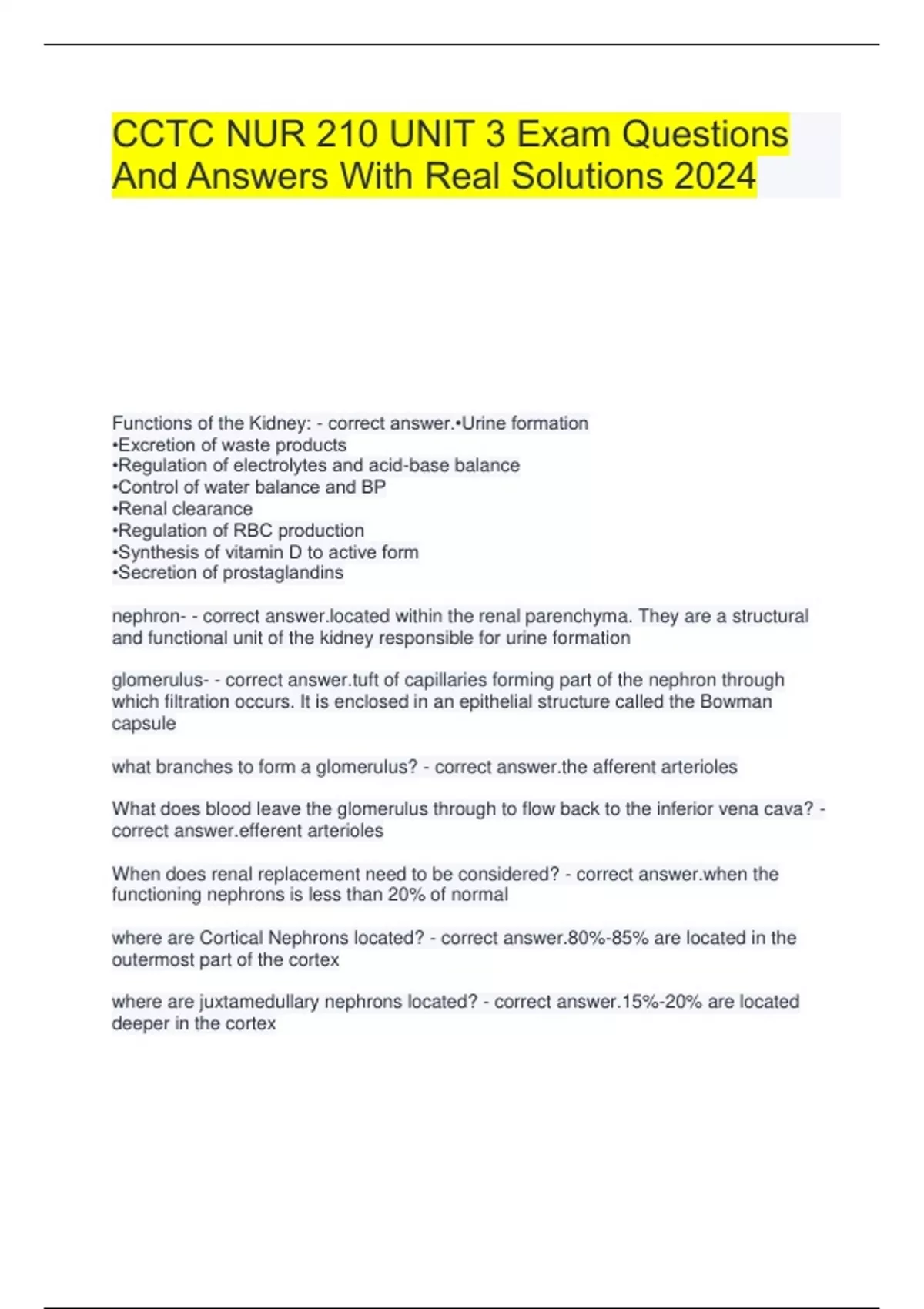 CCTC NUR 210 UNIT 3 Exam Questions And Answers With Real Solutions 2024 - CCTC NUR 210 UNIT 3 ...