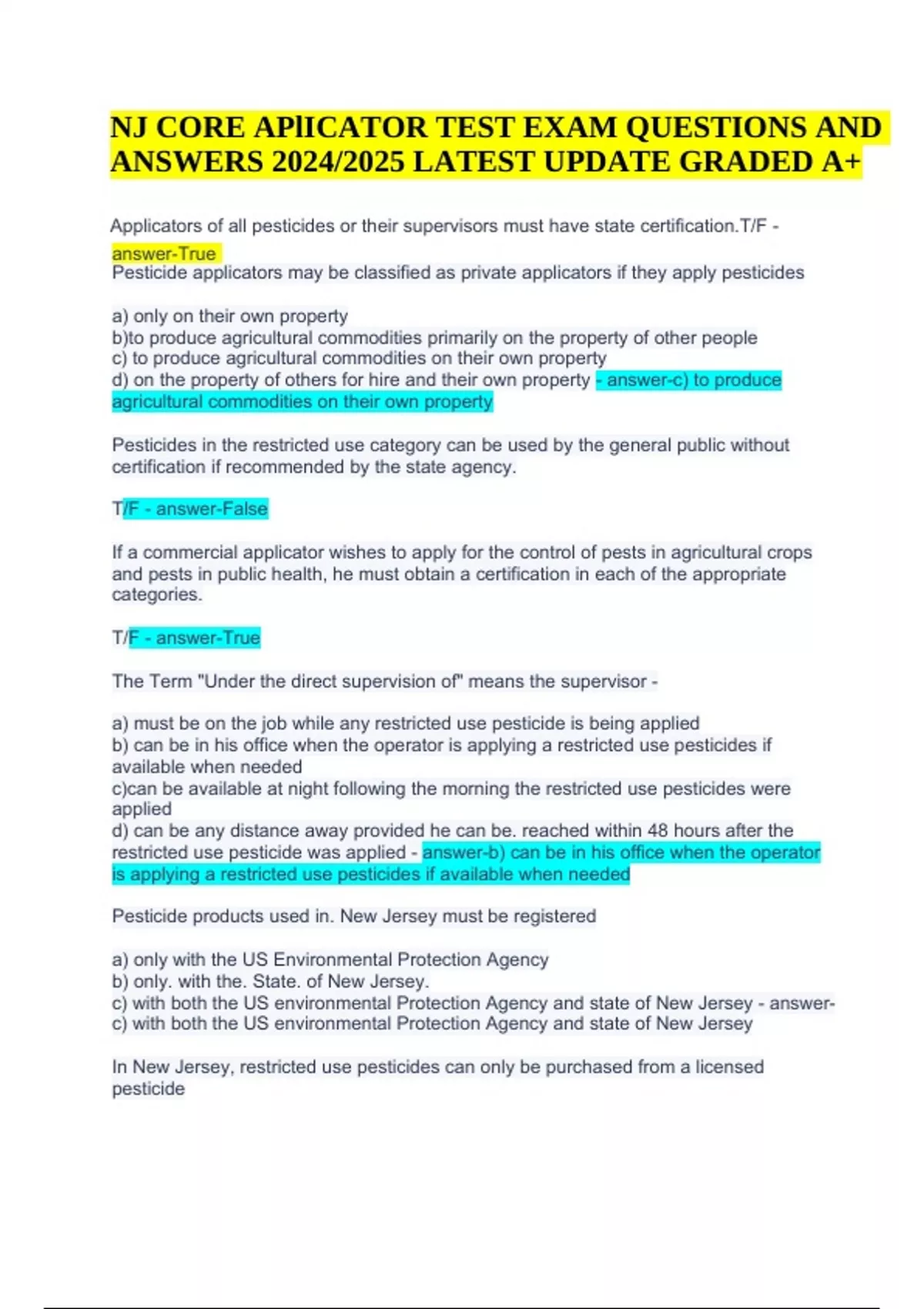 NJ CORE APlICATOR TEST EXAM QUESTIONS AND ANSWERS, LATEST UPDATED 2024/ ...