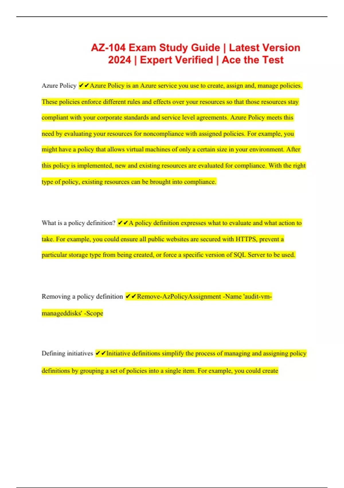 AZ-104 Exam Study Guide | Latest Version 2024 | Expert Verified | Ace ...