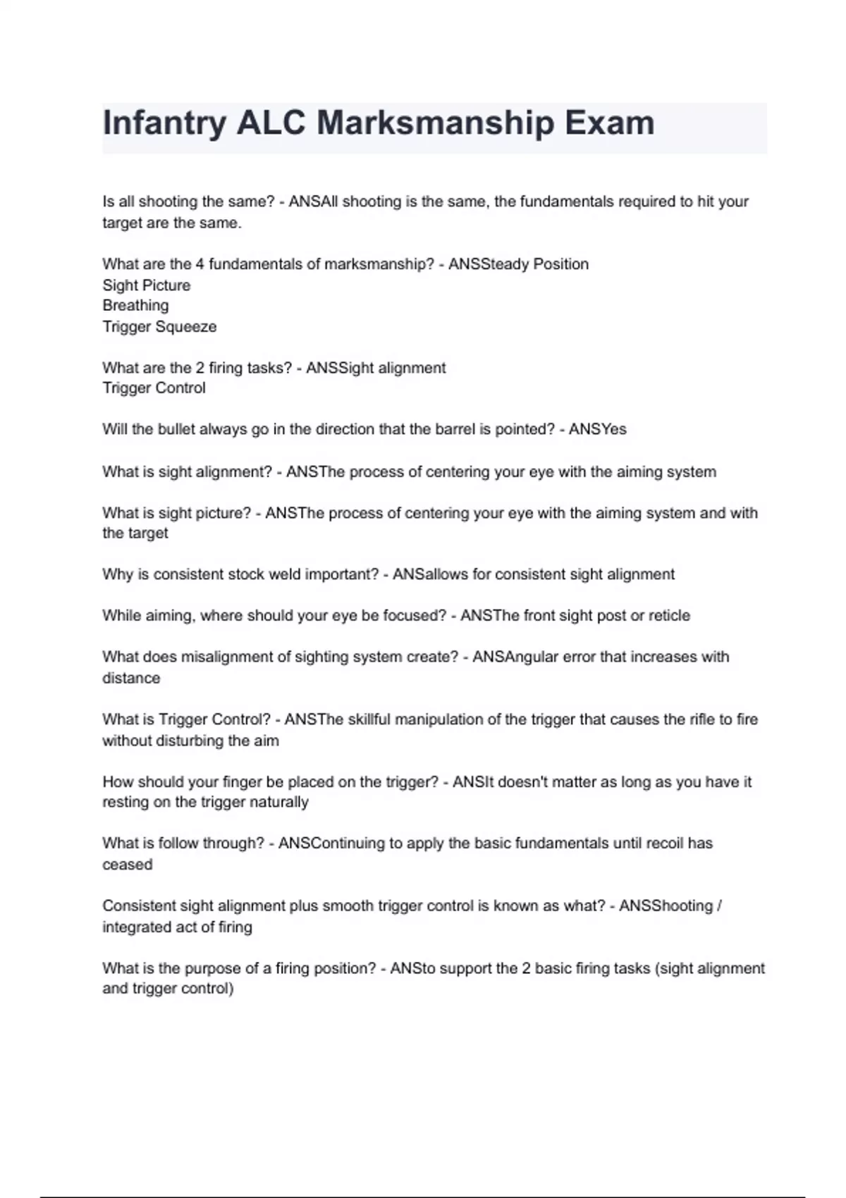 Infantry ALC Marksmanship Exam 2024/2025 graded A+ by experts ...