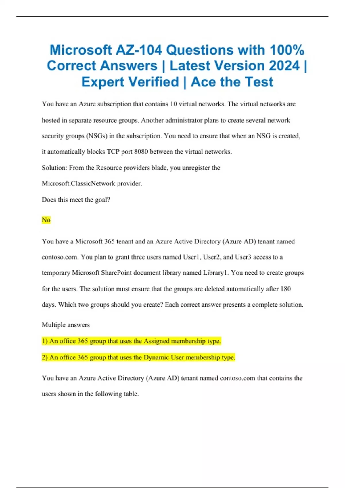 Microsoft AZ-104 Questions with 100% Correct Answers | Latest Version ...