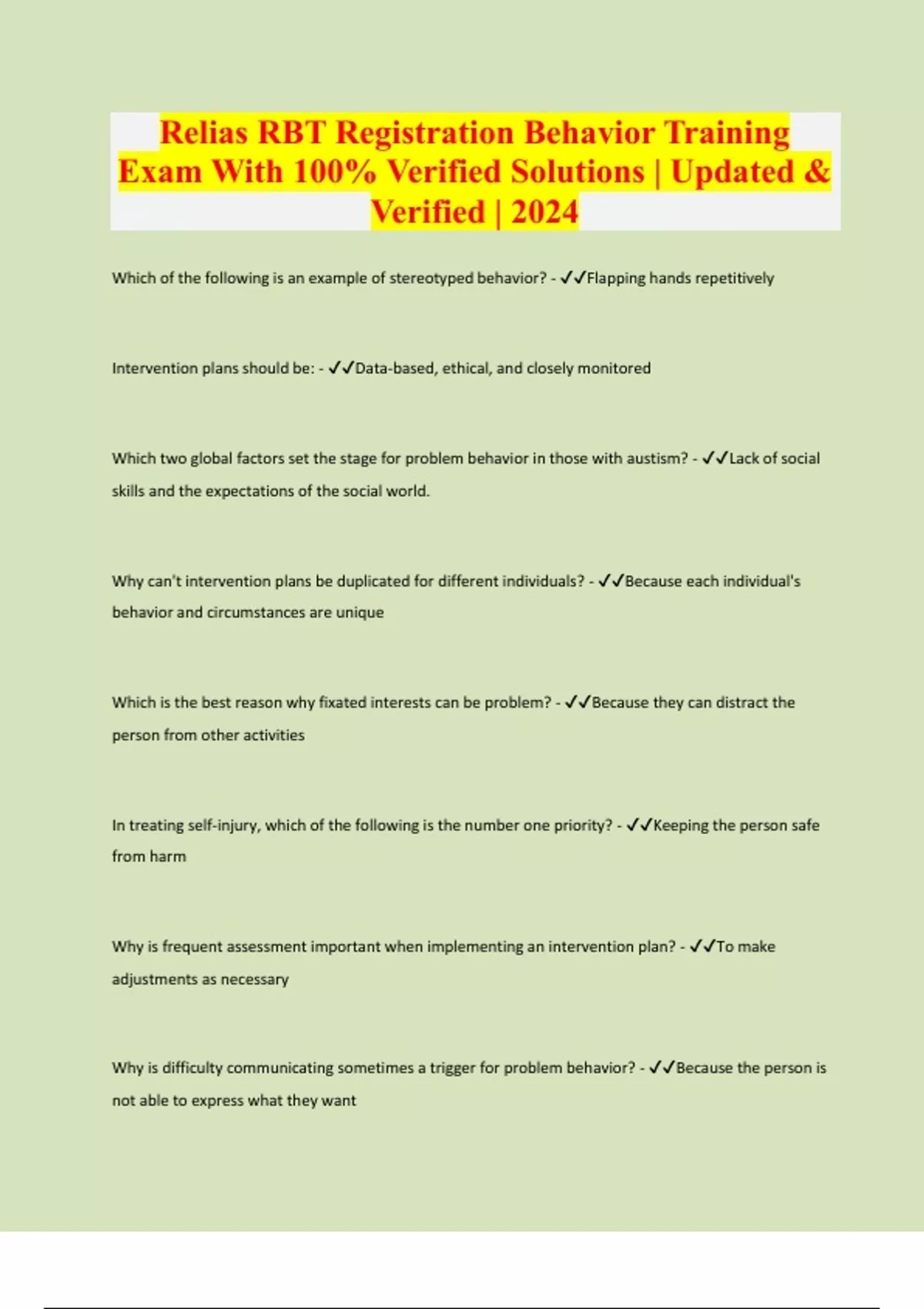 Relias RBT Registration Behavior Training Exam With 100% Verified Solutions | Updated & Verified ...