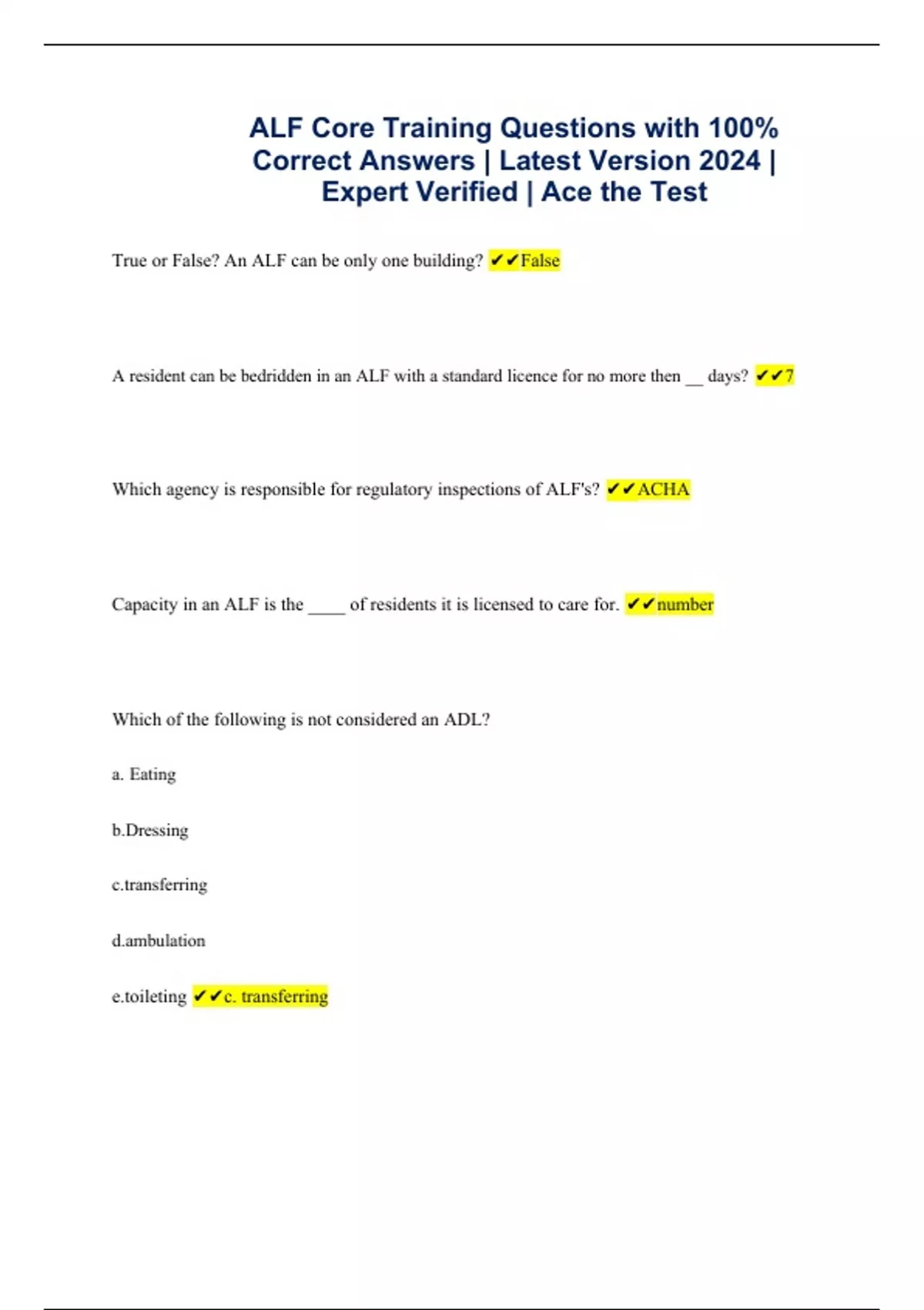 ALF Core Training Questions with 100% Correct Answers | Latest Version ...