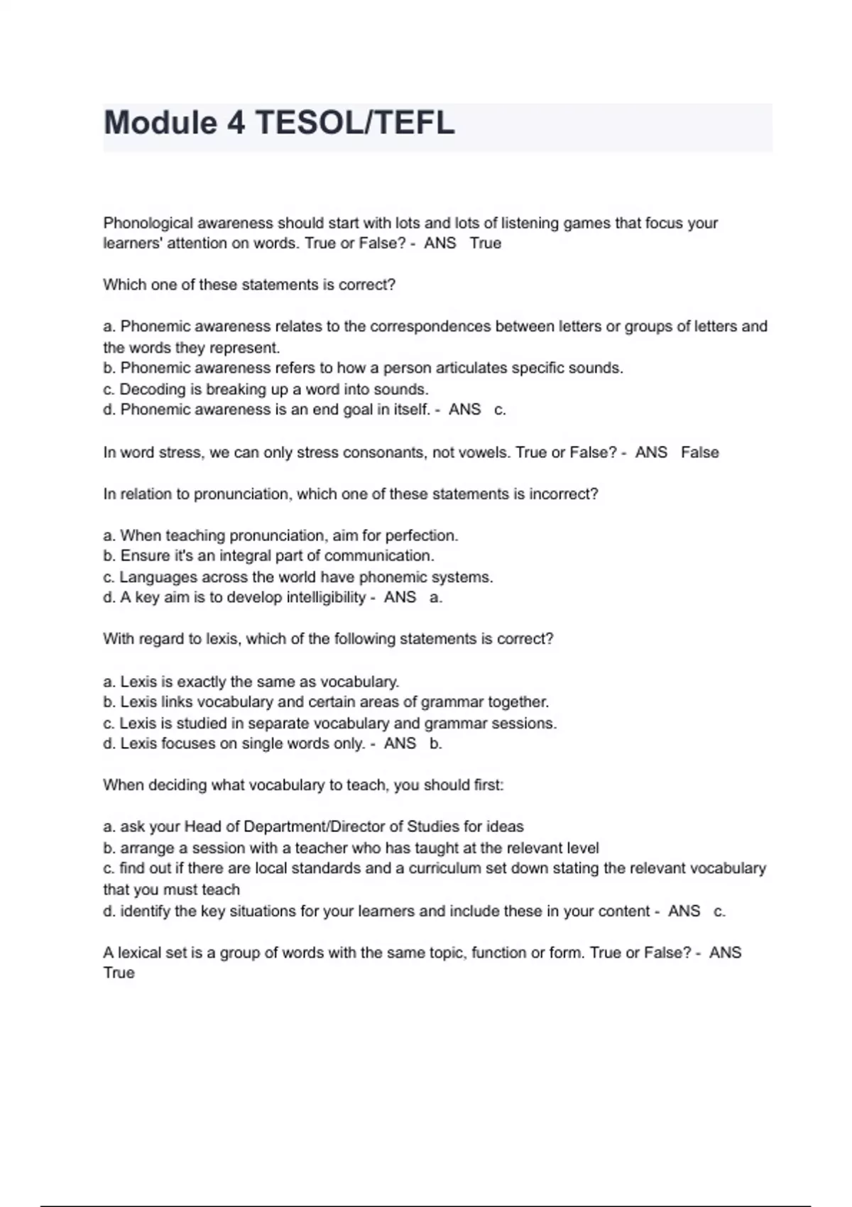Module 4 TESOL/TEFL EXAM QUESTIONS AND ANSWERS - TEFL/TESOL - Stuvia US