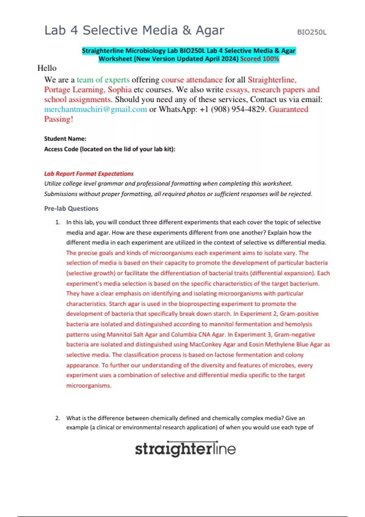 Straighterline Microbiology Lab BIO250L Lab 4 Selective Media & Agar Worksheet (New Version ...