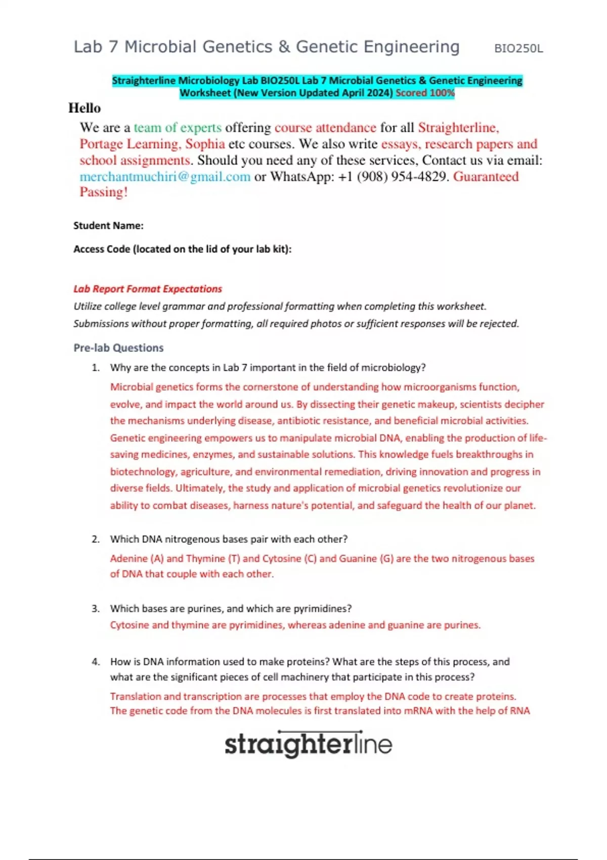 Straighterline Microbiology Lab BIO250L Lab 7 Microbial Genetics ...