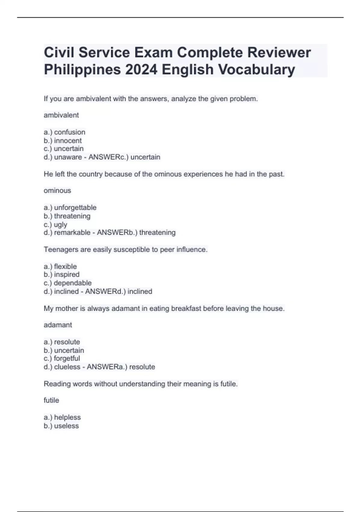 Civil Service Exam Complete Reviewer Philippines 2024 English ...