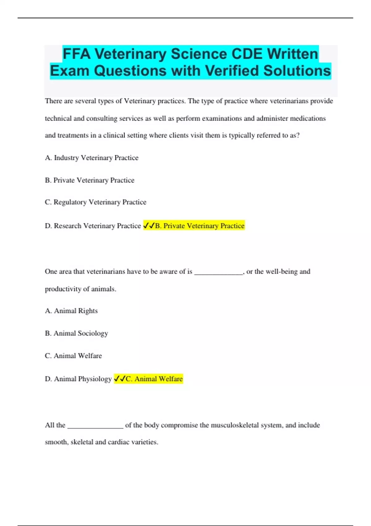 FFA Veterinary Science CDE Written Exam Questions with Verified ...