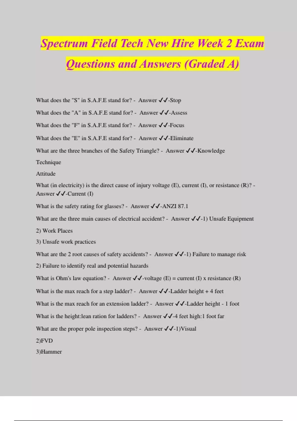 Spectrum Field Tech New Hire Week 2 Exam Questions and Answers (Graded ...