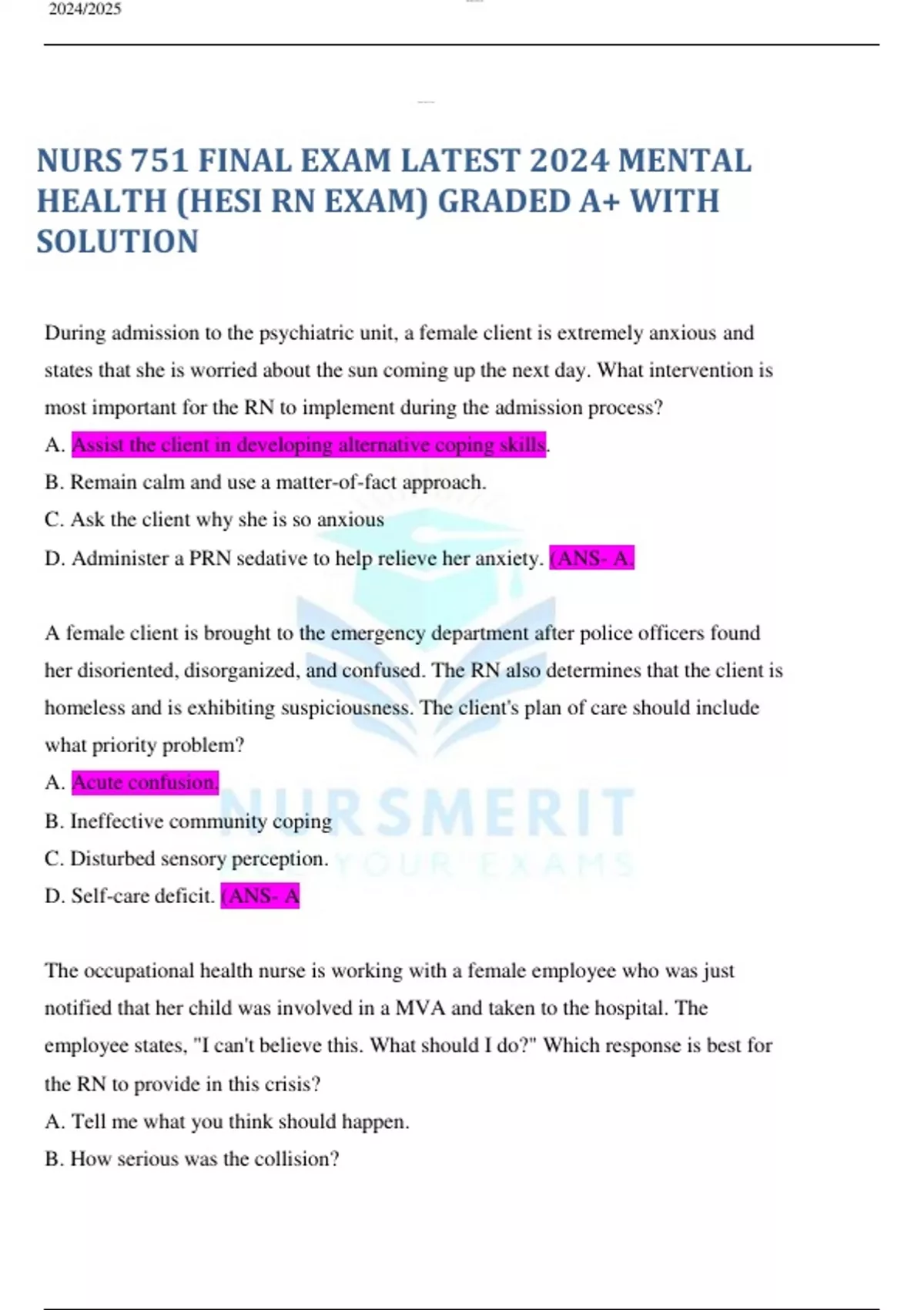 NURS 751 FINAL EXAM LATEST 2024 MENTAL HEALTH (HESI RN EXAM) GRADED A+ ...