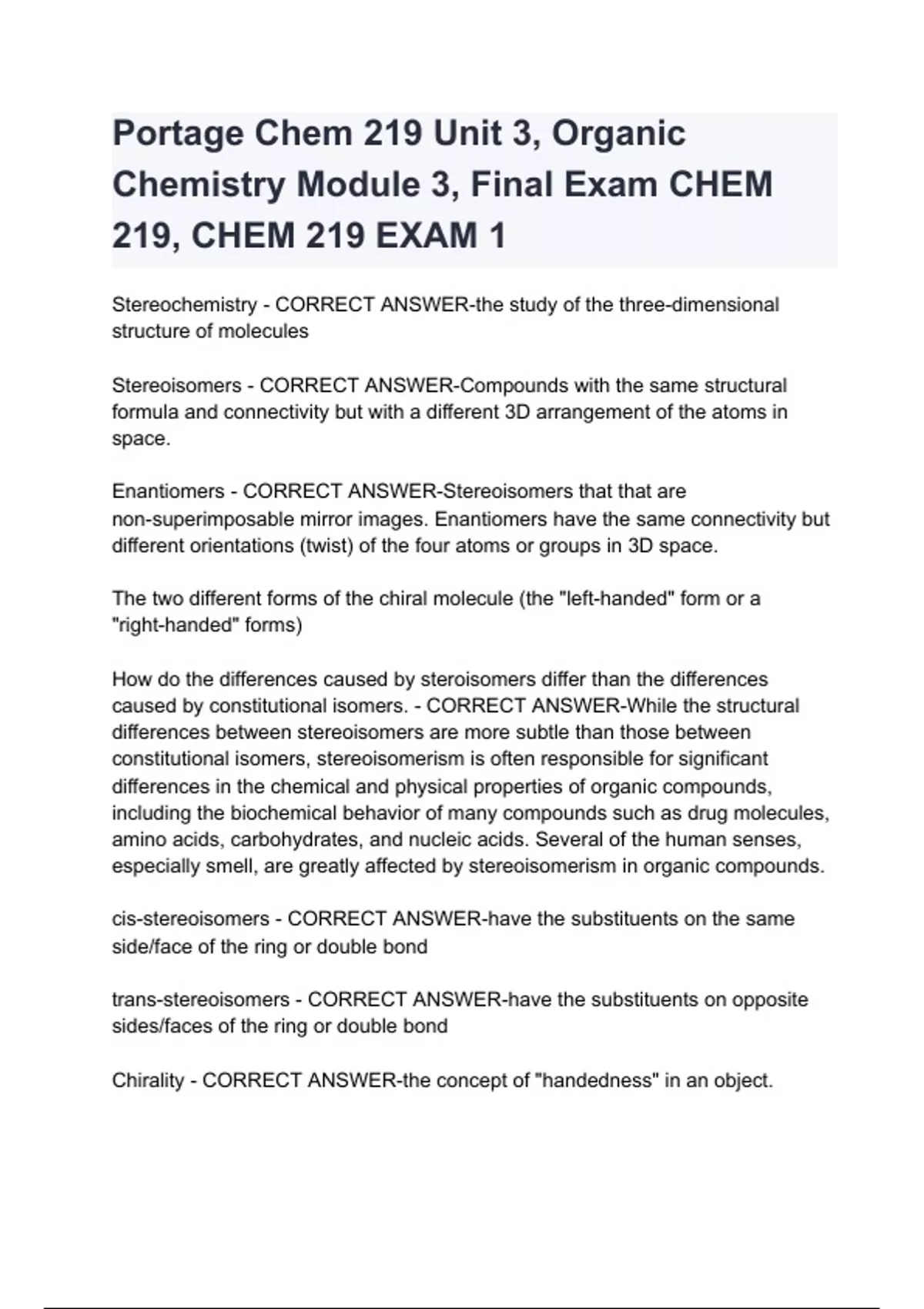 Portage Chem 219 Unit 3, Organic Chemistry Module 3, Final Exam CHEM ...